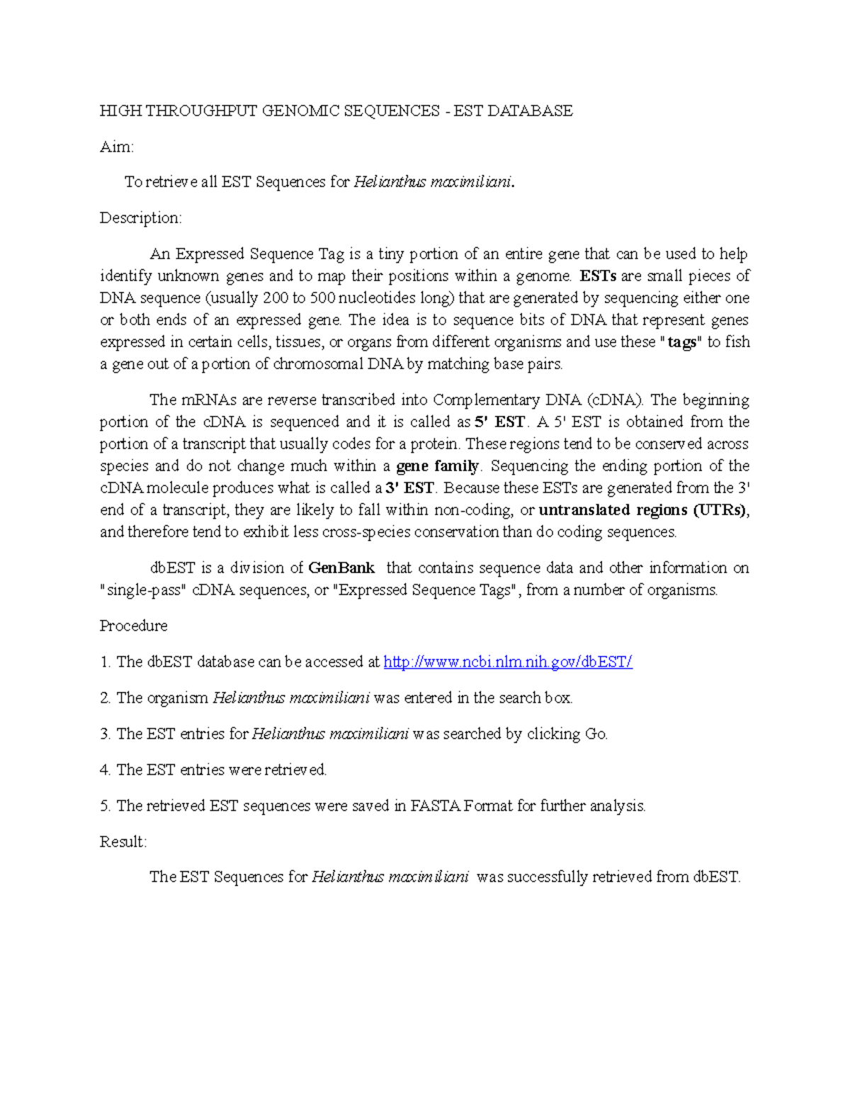 EST Database - Practical note on dbEST - HIGH THROUGHPUT GENOMIC ...