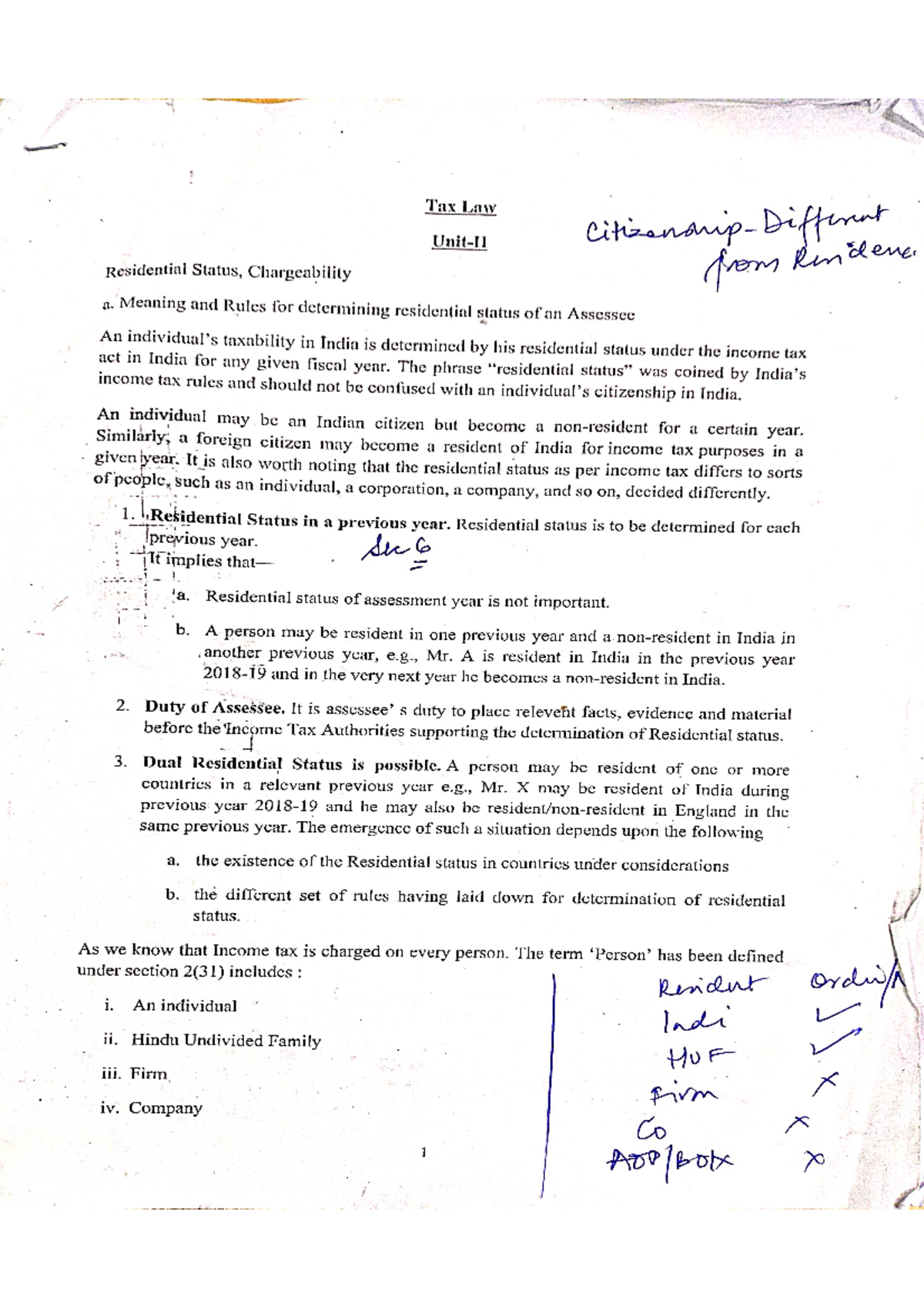 UNIT 2 TAX LAW - feqfeqddwdFvfv d - Tax Law Residential Status ...