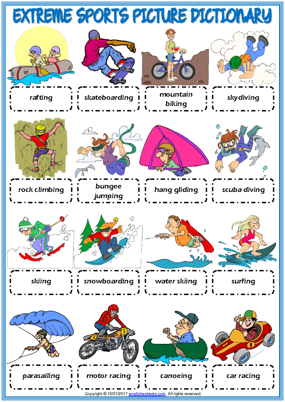 Extreme sports vocabulary esl picture dictionary worksheet for kids - E ...