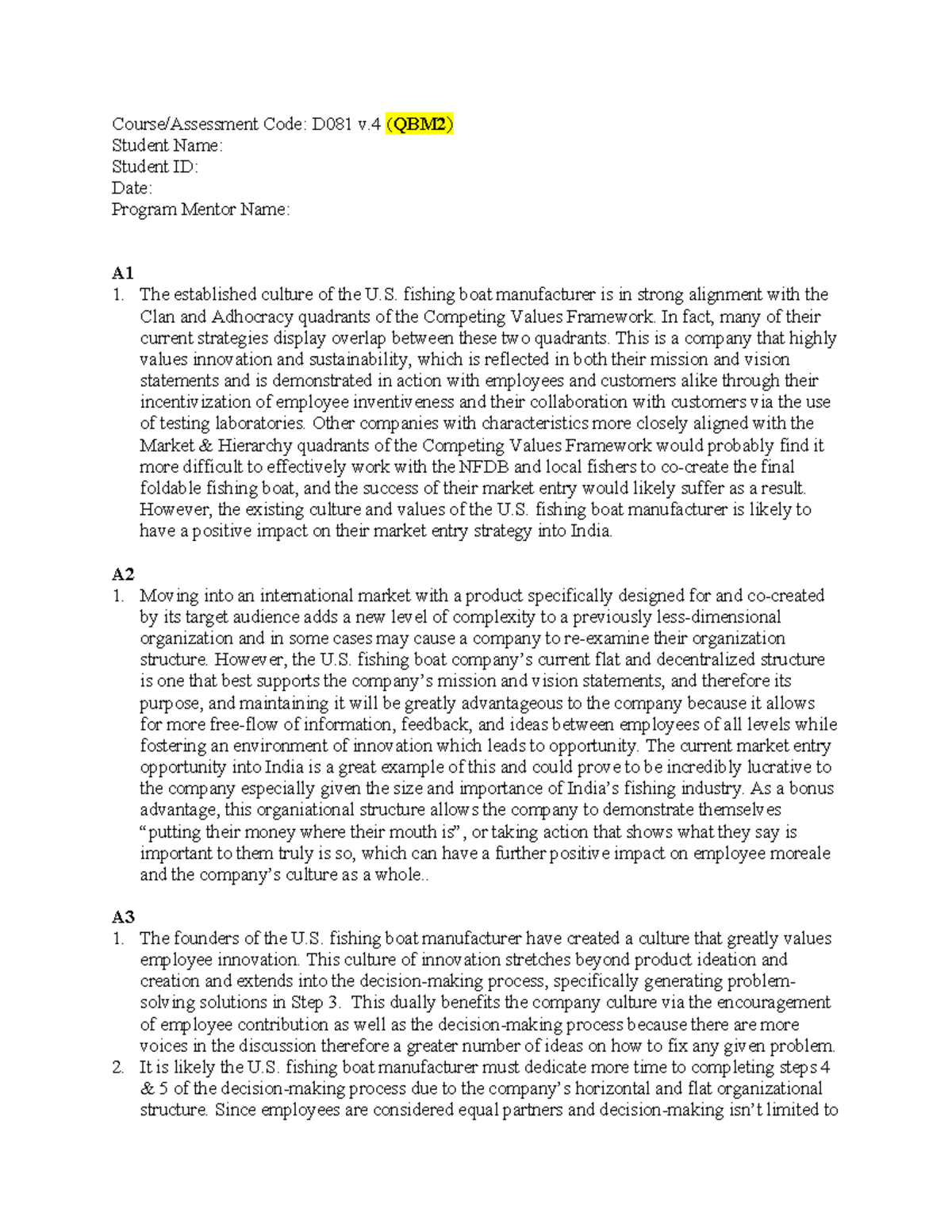 D081 Task 1 - D081 Task 1 - Course/Assessment Code: D081 v (QBM2 ...