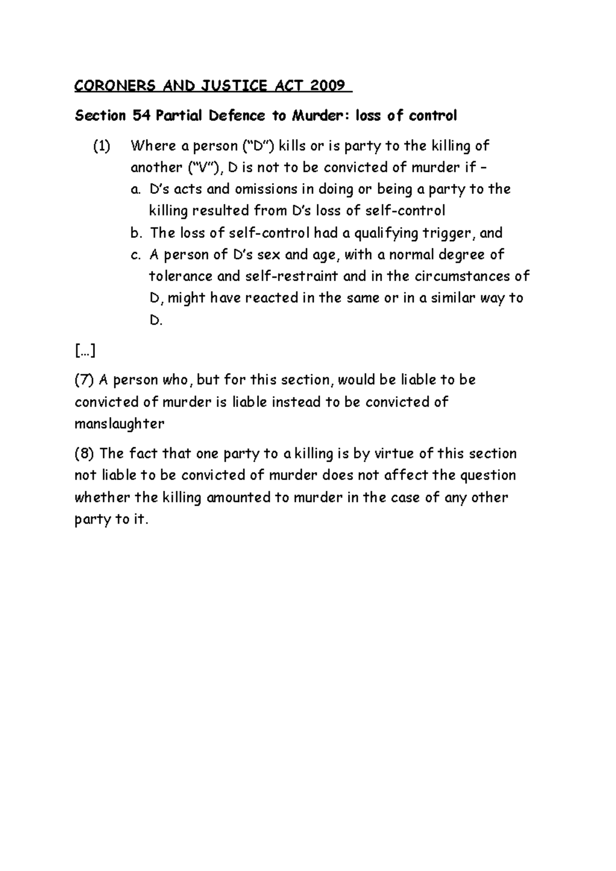 S54 CJA 2009 Loss Of Self Control Criminal Law CORONERS AND JUSTICE