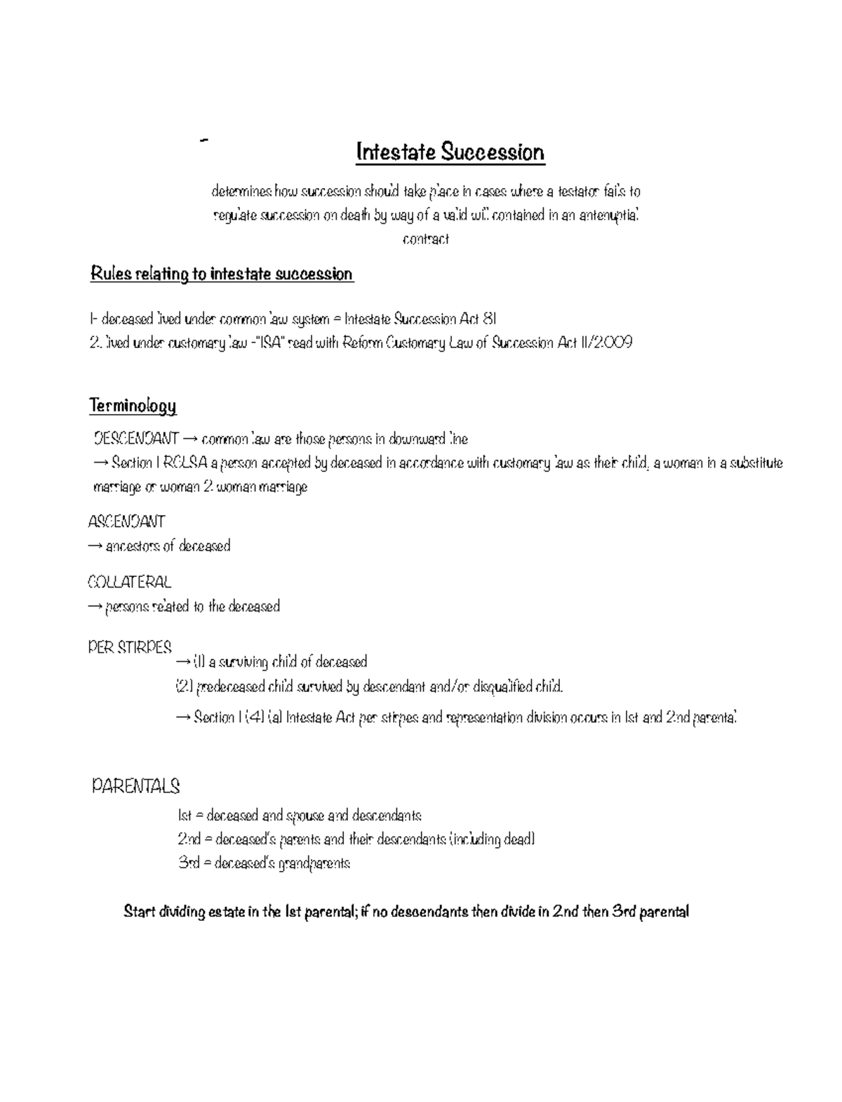 Unit 2 notes - Intestate Succession Rules relating to intestate ...