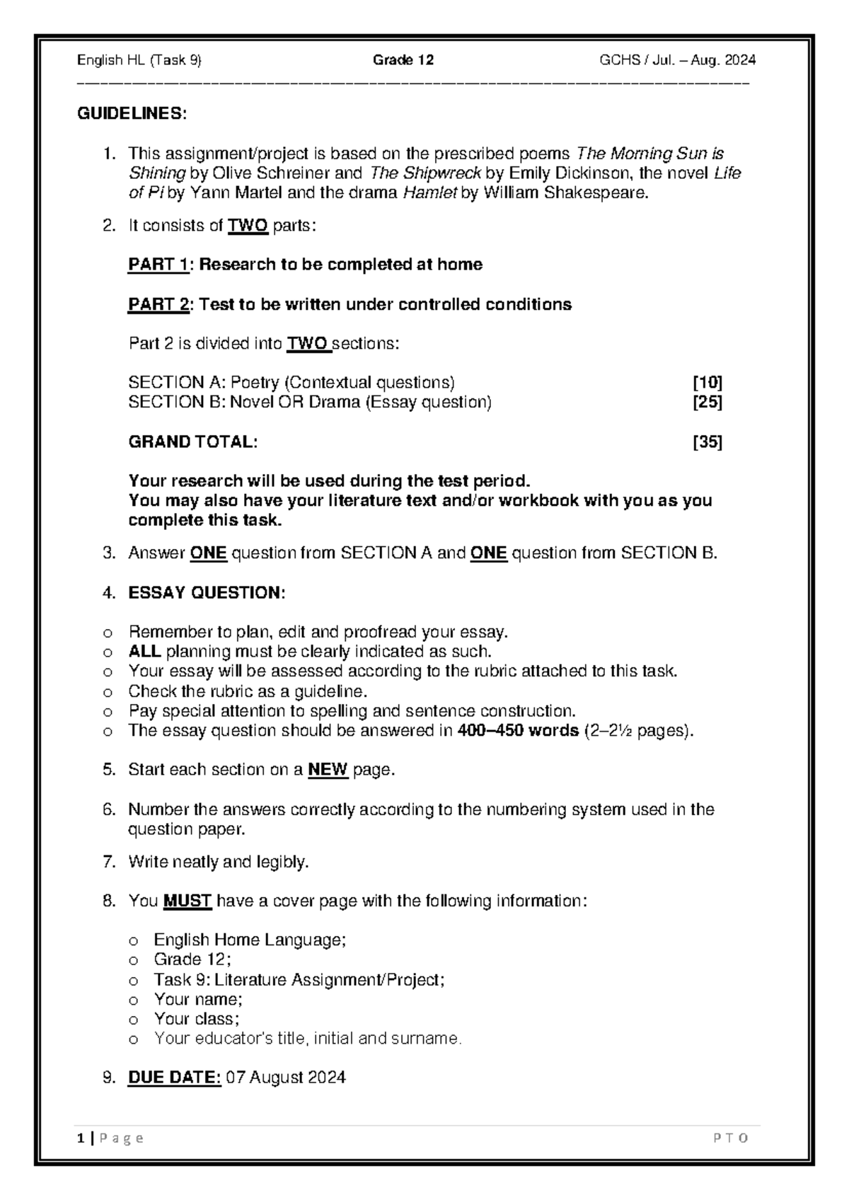 Grade 12 EHL Task 8 Lit Project (Part 1 - Research) - English HL (Task ...