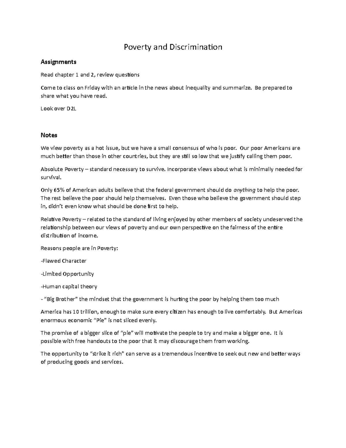 Economics of Poverty and Discrimination Notes - Poverty and ...