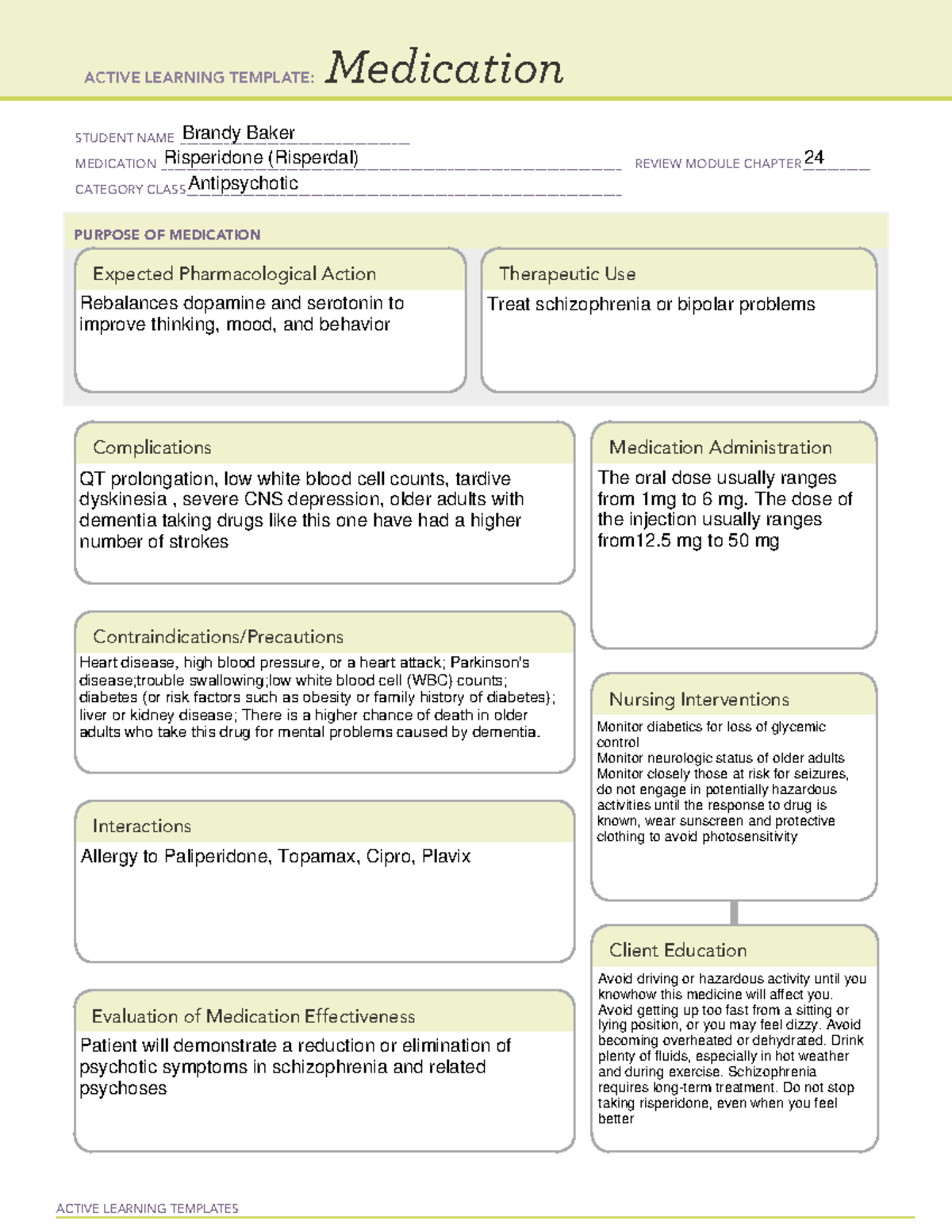 Risperidone - ati - ACTIVE LEARNING TEMPLATES Medication STUDENT NAME ...