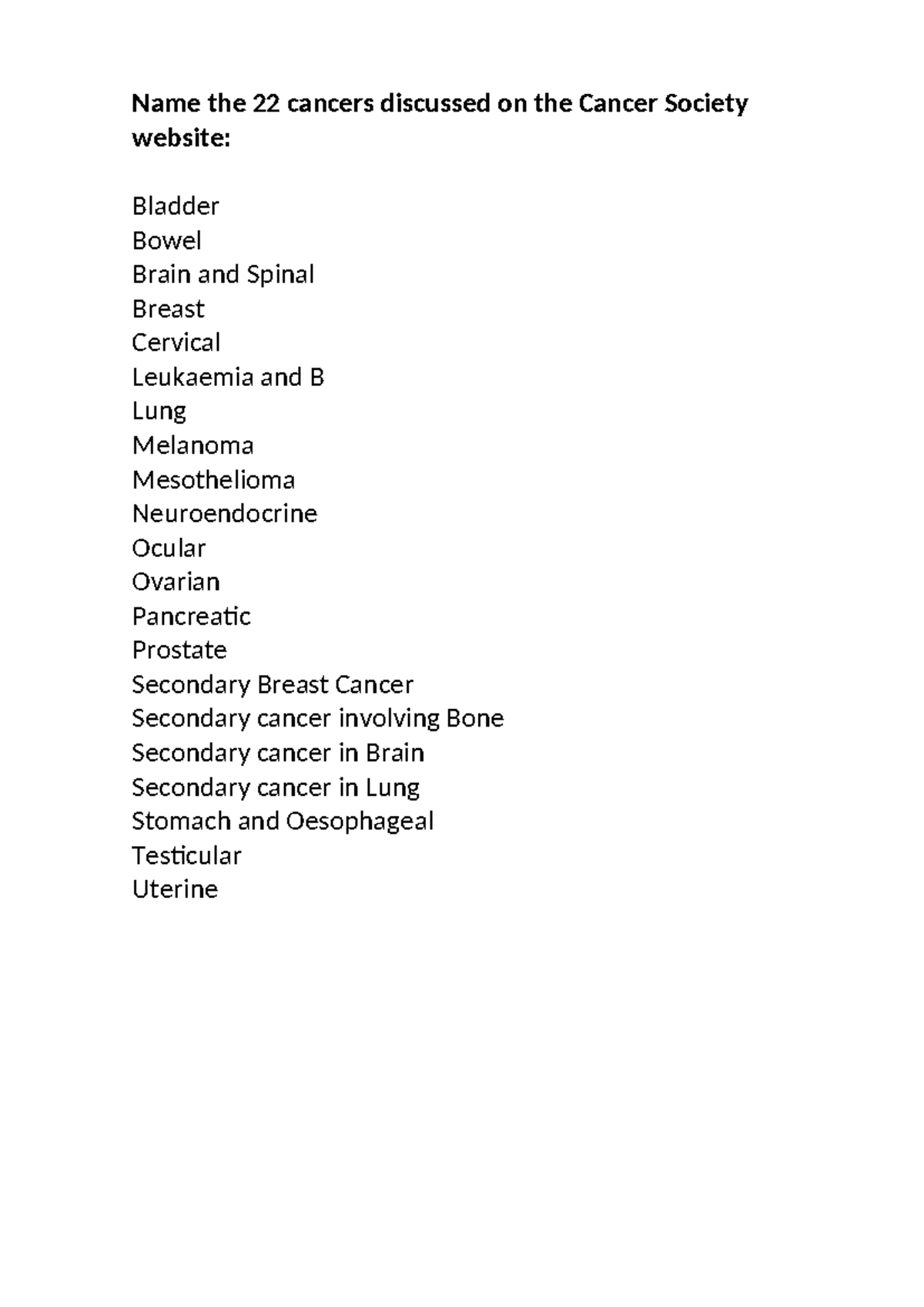 Name the 22 cancers discussed on the Cancer Society website - Answers ...