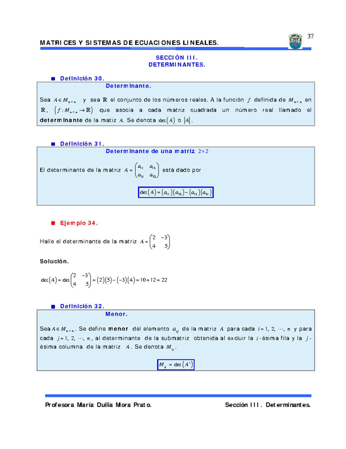 Sección III. Determinantes 1er. P-2018 - M ATRI CES Y SI STEM AS D E ...