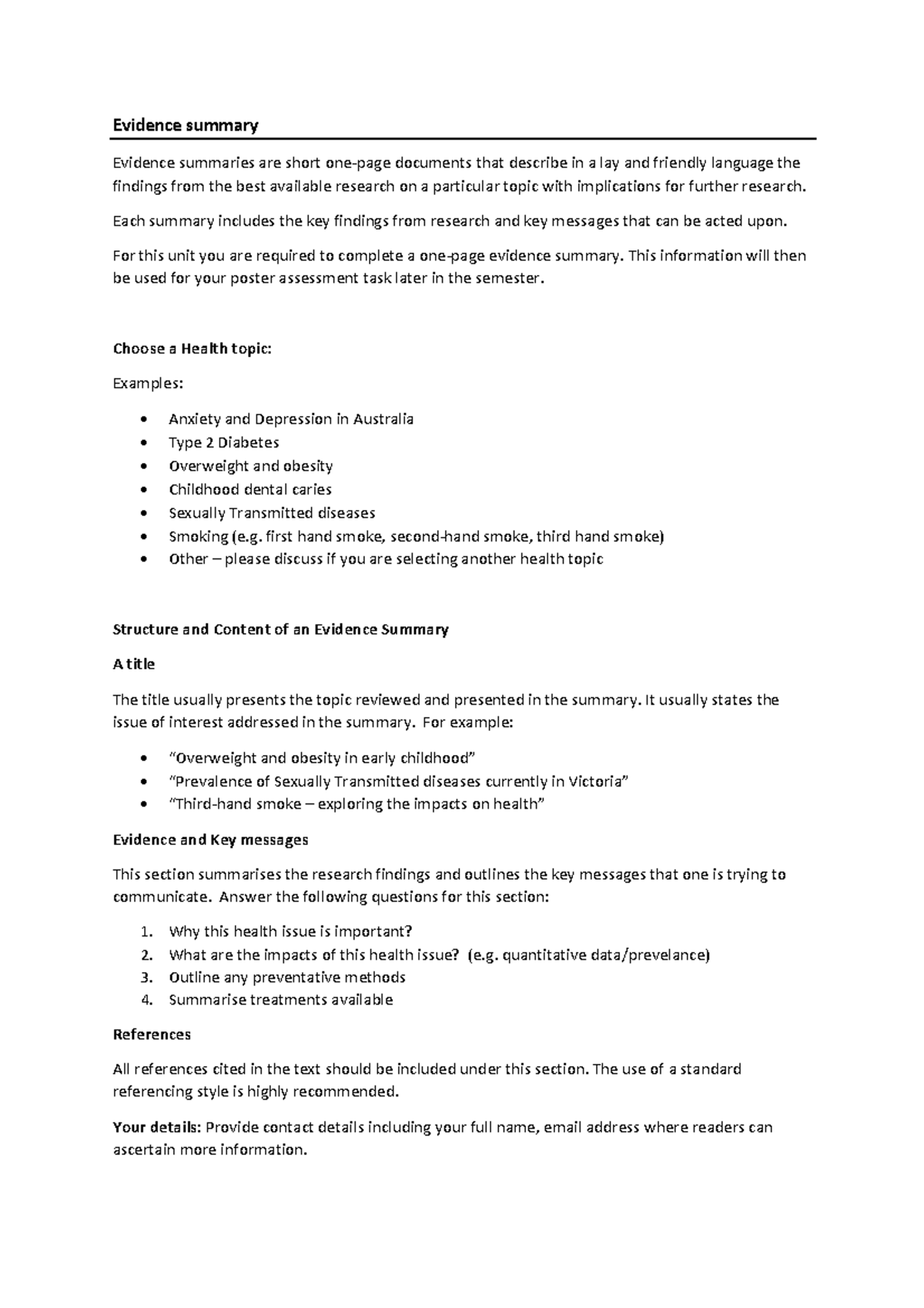 Evidence summary HEA10002 - Evidence summary Evidence summaries are ...