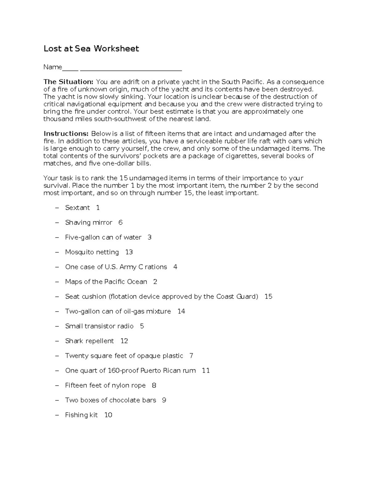Lost at sea discussion week 3 upload - Lost at Sea Worksheet Name ...