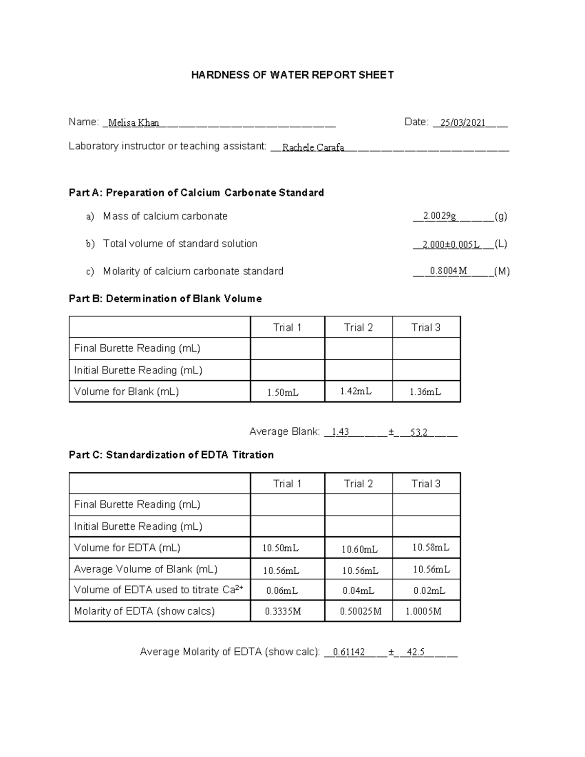 Hardness of water lab - HARDNESS OF WATER REPORT SHEET Name: - Studocu