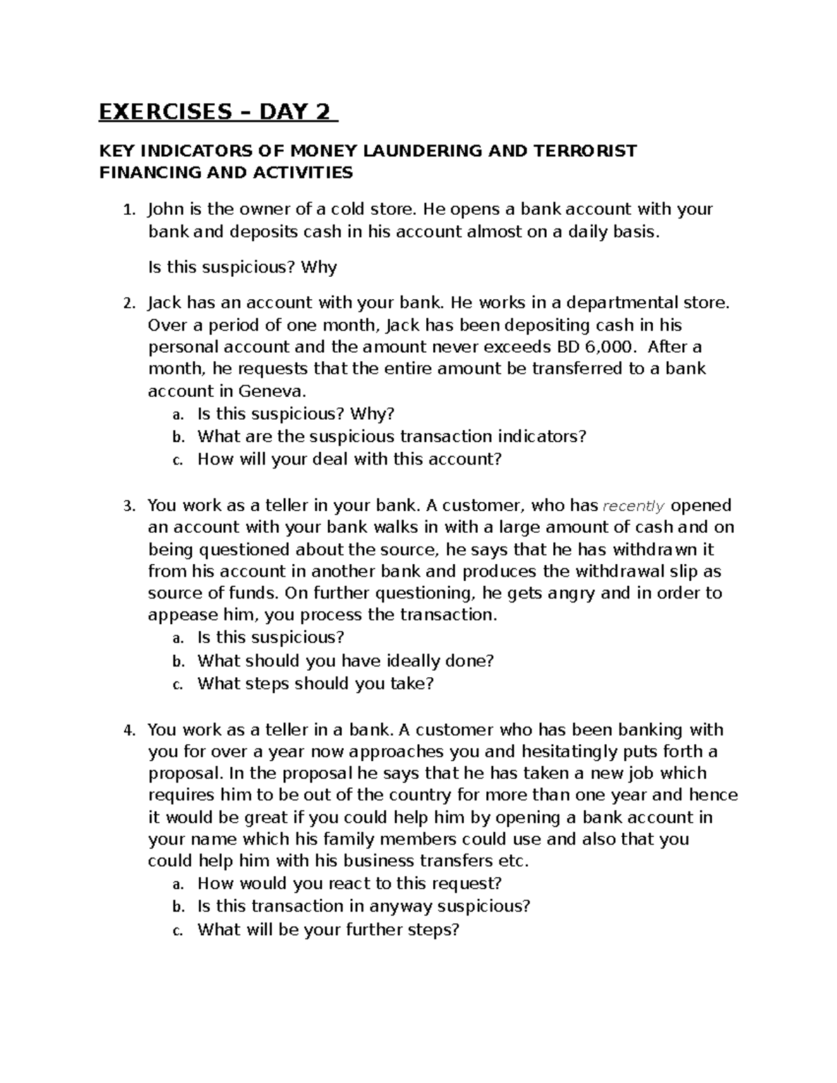 Exercises - DAY 2 - Anti Money Laundering Practice Material - EXERCISES ...