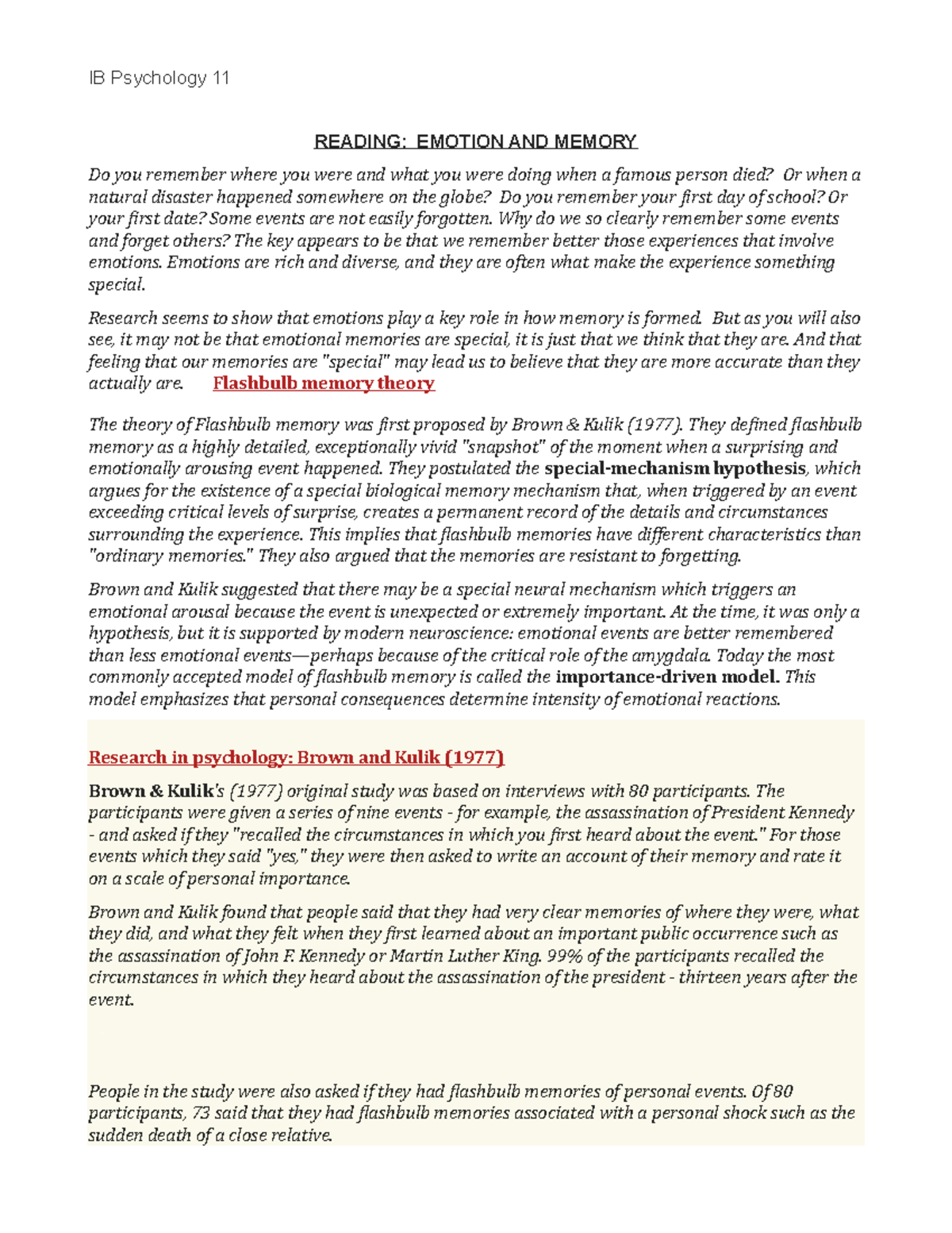 Reading - Emotion and Memory - IB Psychology 11 READING: EMOTION AND ...