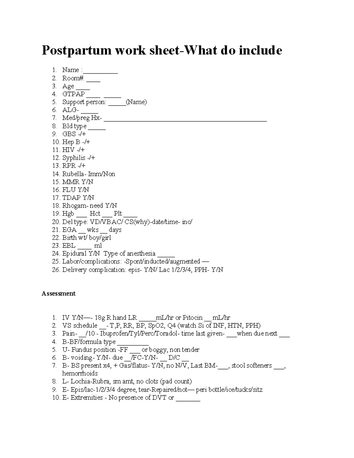 Postpartum work sheet - Postpartum work sheet-What do include Name ...