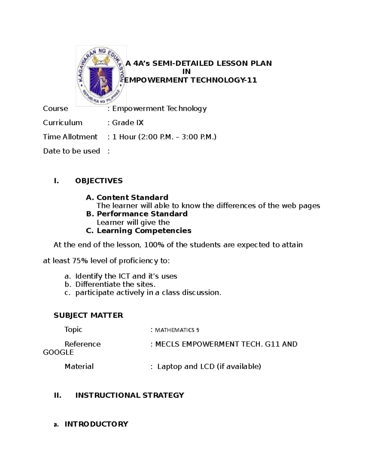 Empower TECH G11 - First lesson plan - A 4A’s SEMI-DETAILED LESSON PLAN ...