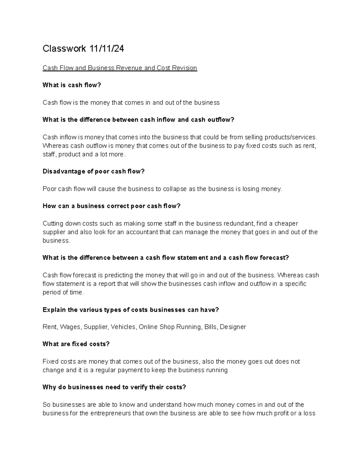 Classwork 11 11 24 - Just some class homework - Classwork 11/11/ Cash ...