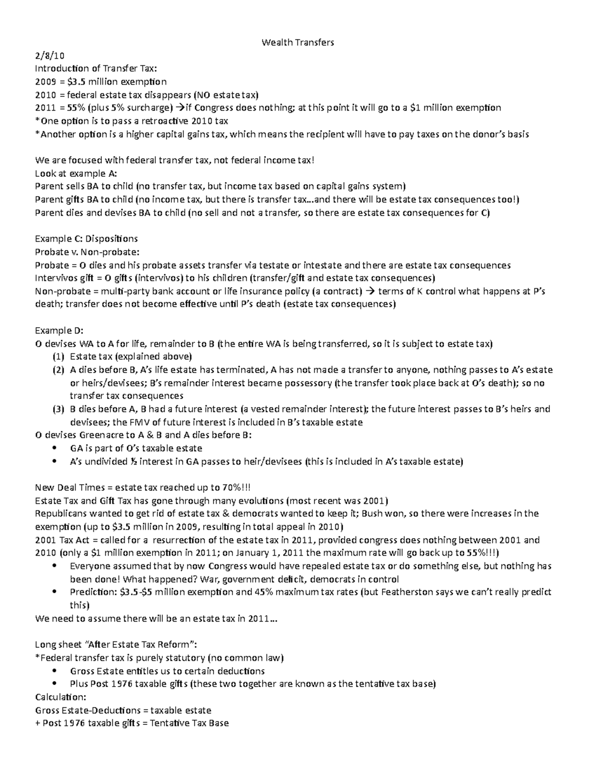 Wealth Transfer Notes - outline - Wealth Transfers 2/8/ Introduction of ...