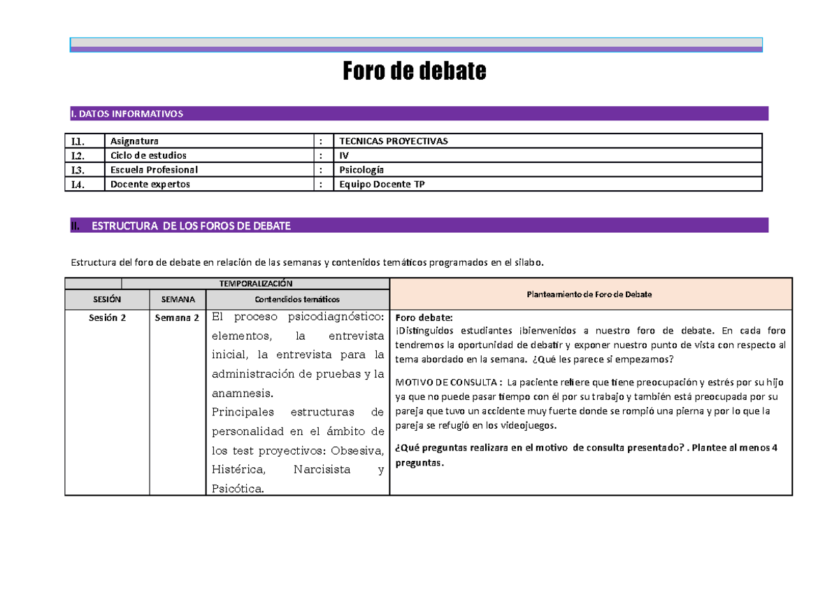 FORO DE Debate Sesion 2 - Foro de debate I. DATOS INFORMATIVOS I ...