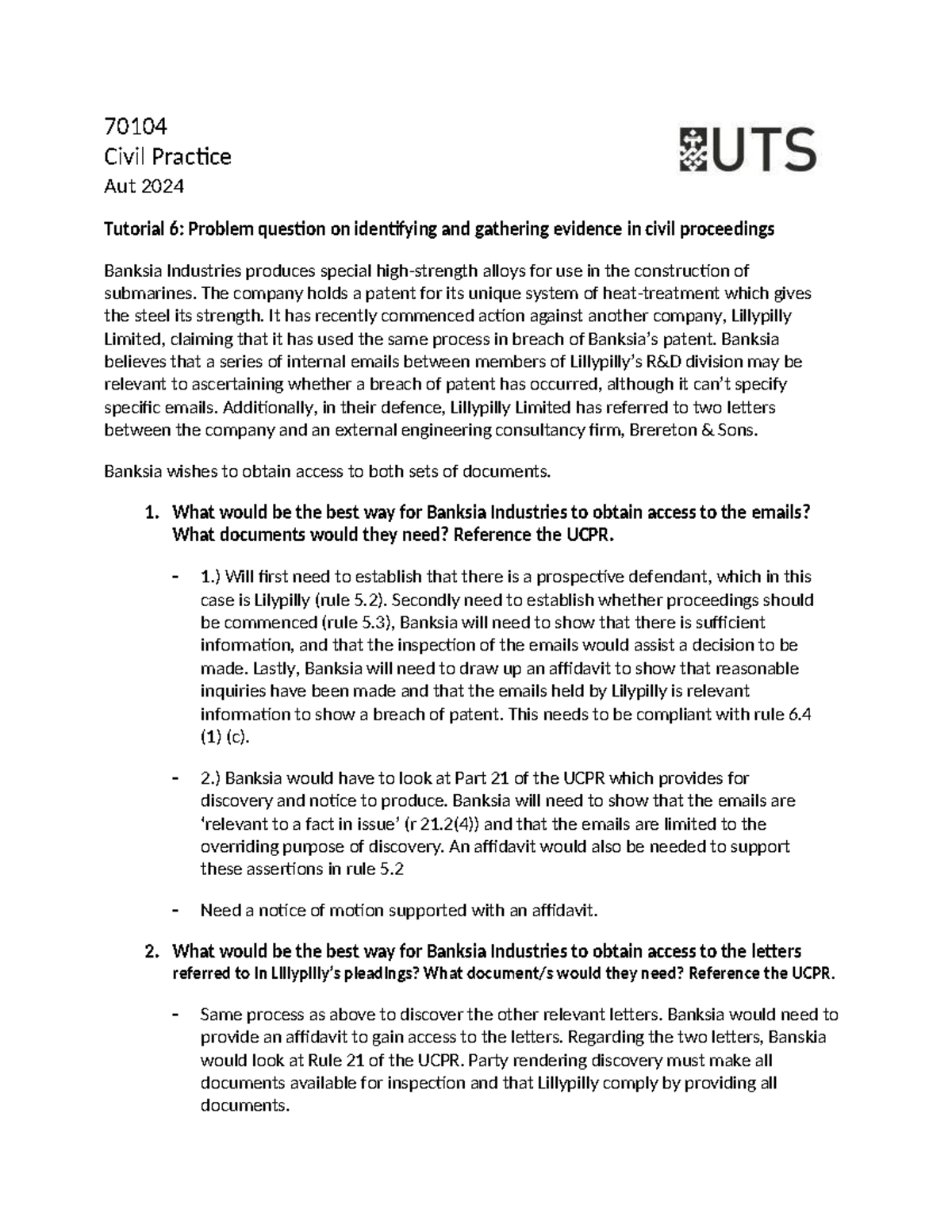 2024 Aut CP Tutorial 6 problem question - 70104 Civil Practice Aut 2024 ...