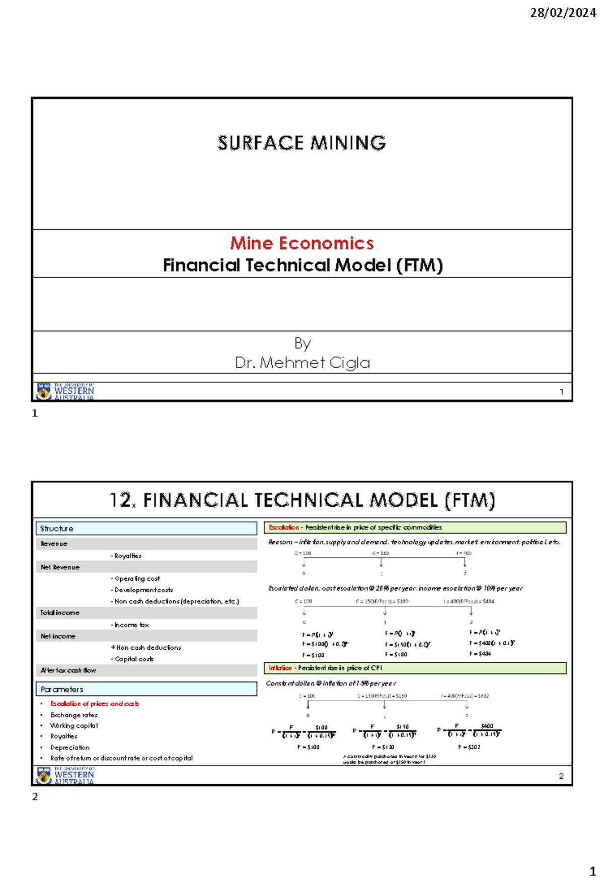 SFM 02 Mine Economics 020 Presentation 01-FTM - 1 Mine Economics Financial Technical Model (FTM ...