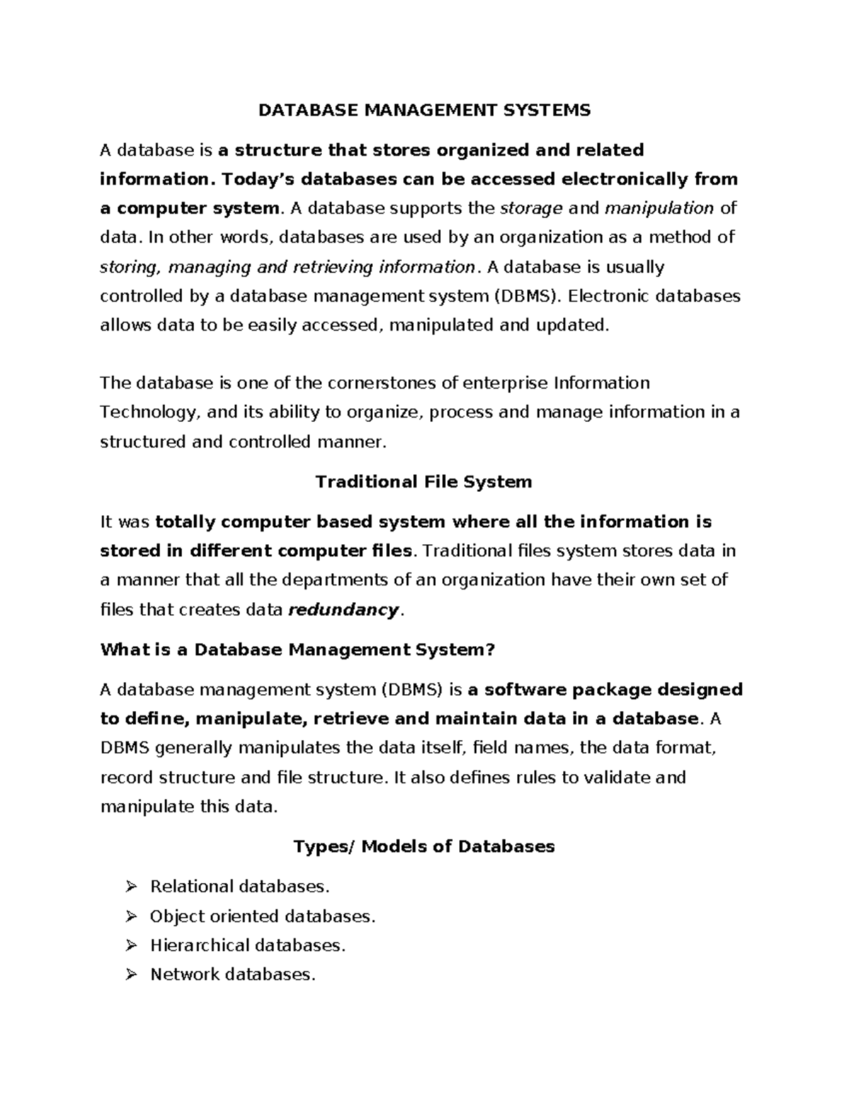 Intro to Access - DATABASE MANAGEMENT SYSTEMS A database is a structure ...