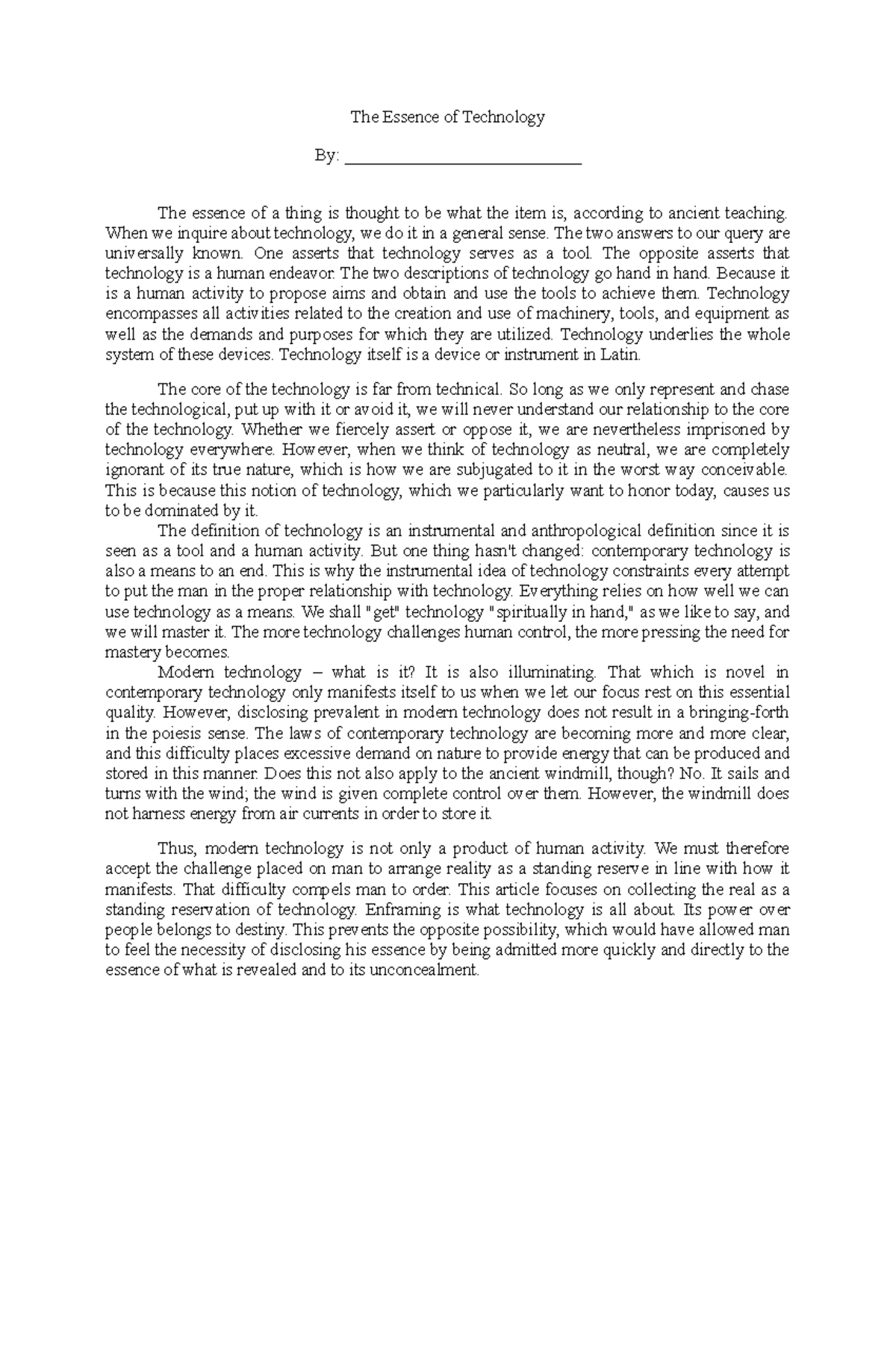 Article 4- Science - Lecture notes - The Essence of Technology By