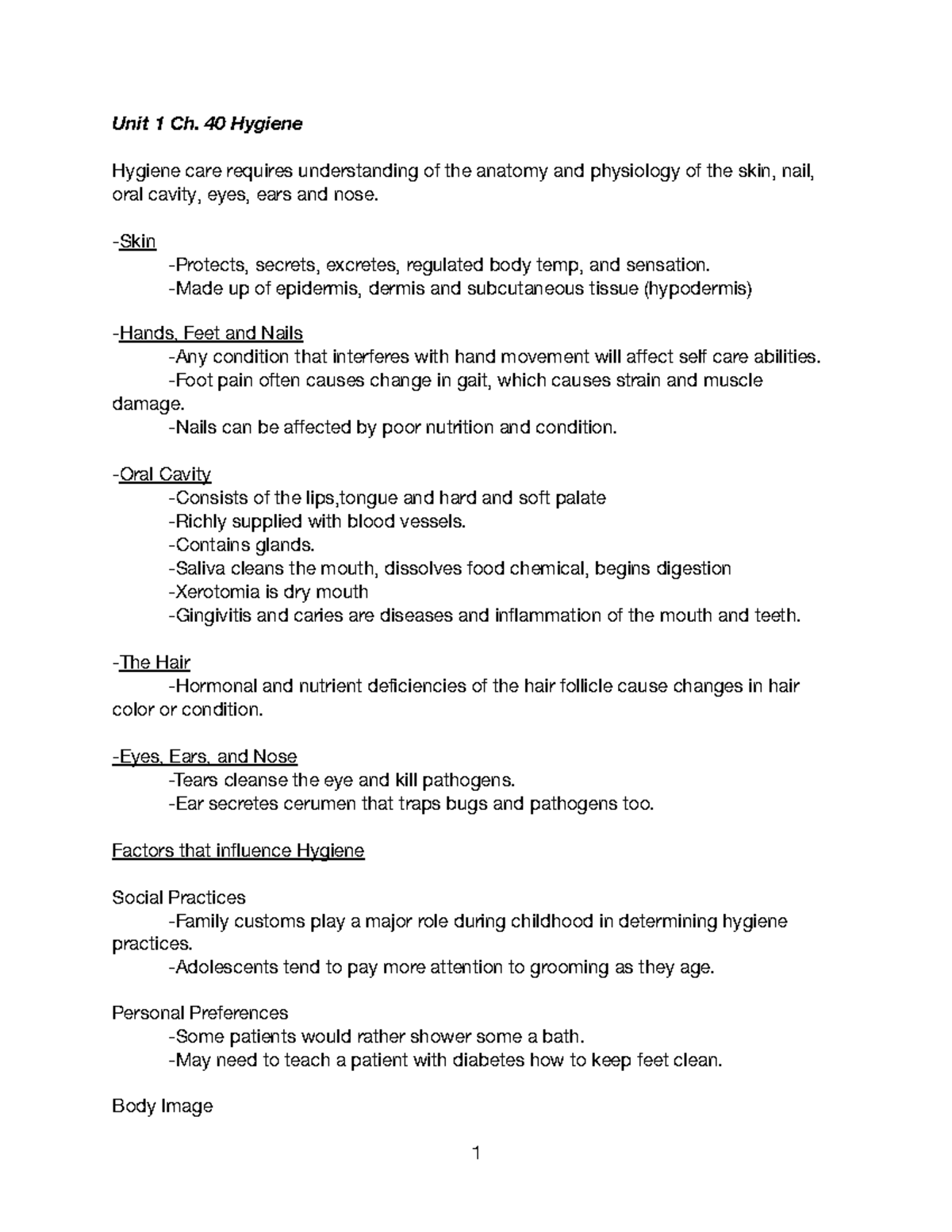 Ch. 40 Fund. of Nursing Hygiene - Unit 1 Ch. 40 Hygiene Hygiene care ...