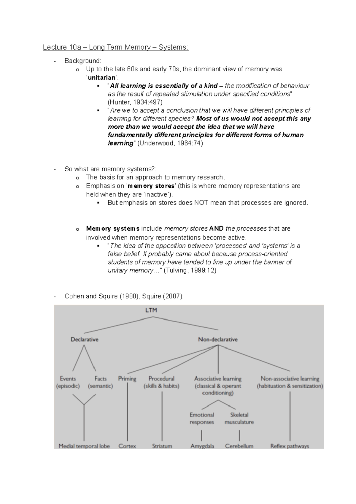Long Term Memory – Systems - Lecture 10a – Long Term Memory – Systems: Background: o Up to the ...