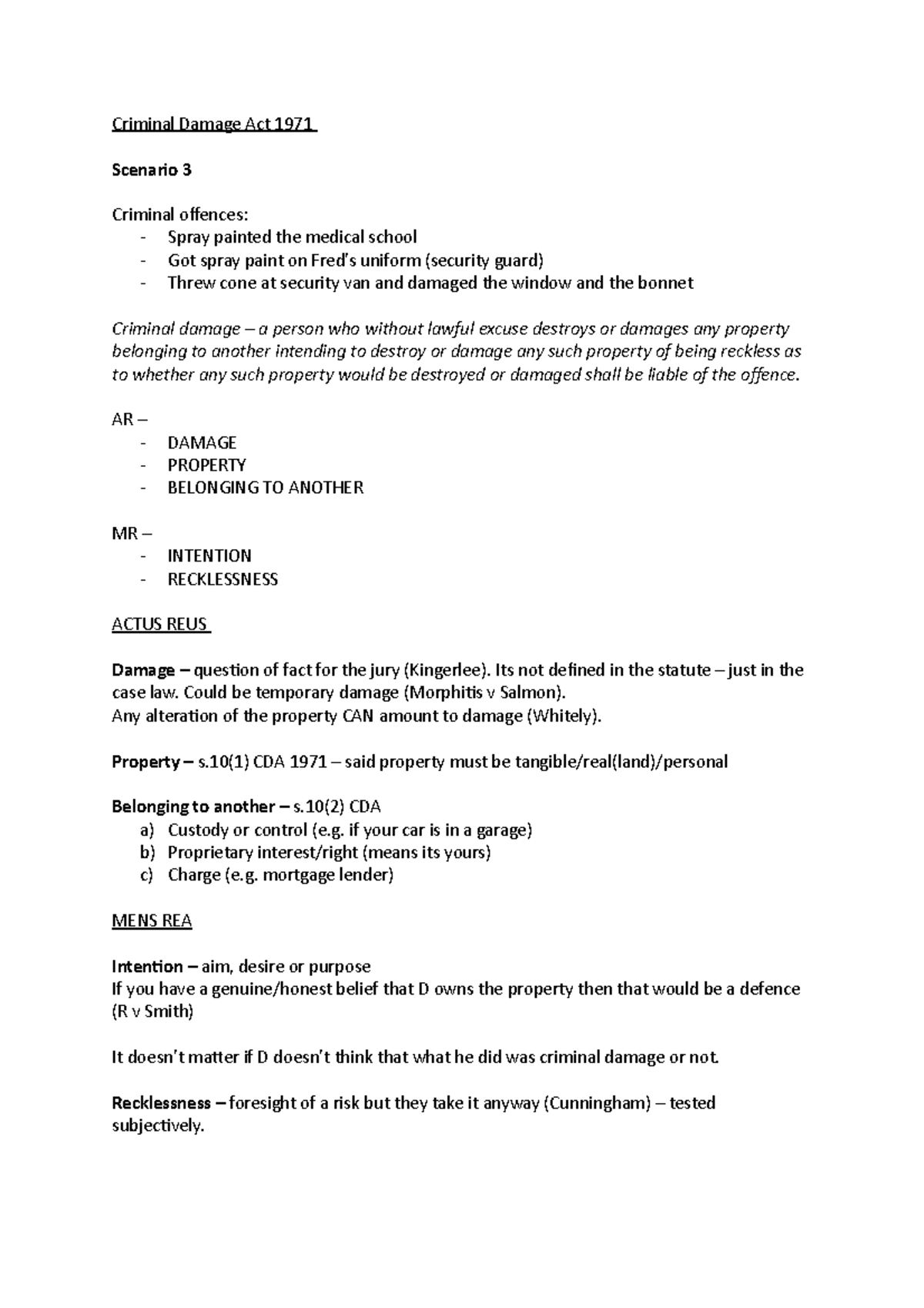 Criminal Damage Act 1971 - Criminal Damage Act 1971 Scenario 3 Criminal ...