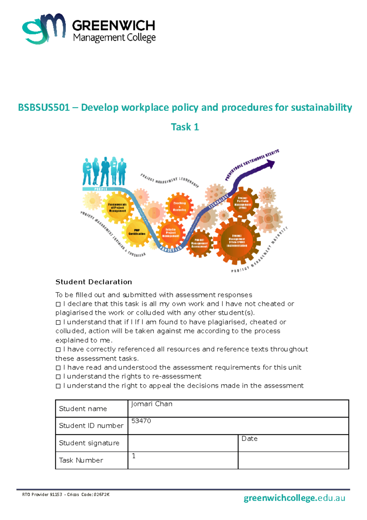 Bsbsus 501 Task 1 - Project Management - Student Declaration To be ...
