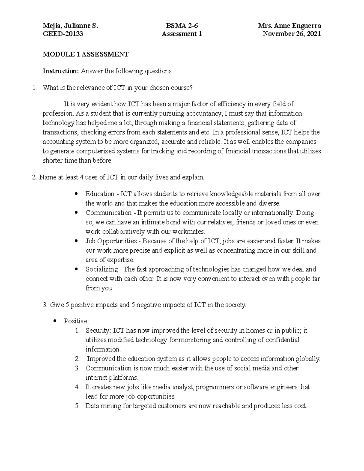 M1 Assessment - Mejia, Julianne S. BSMA 2-6 Mrs. Anne Enguerra GEED ...