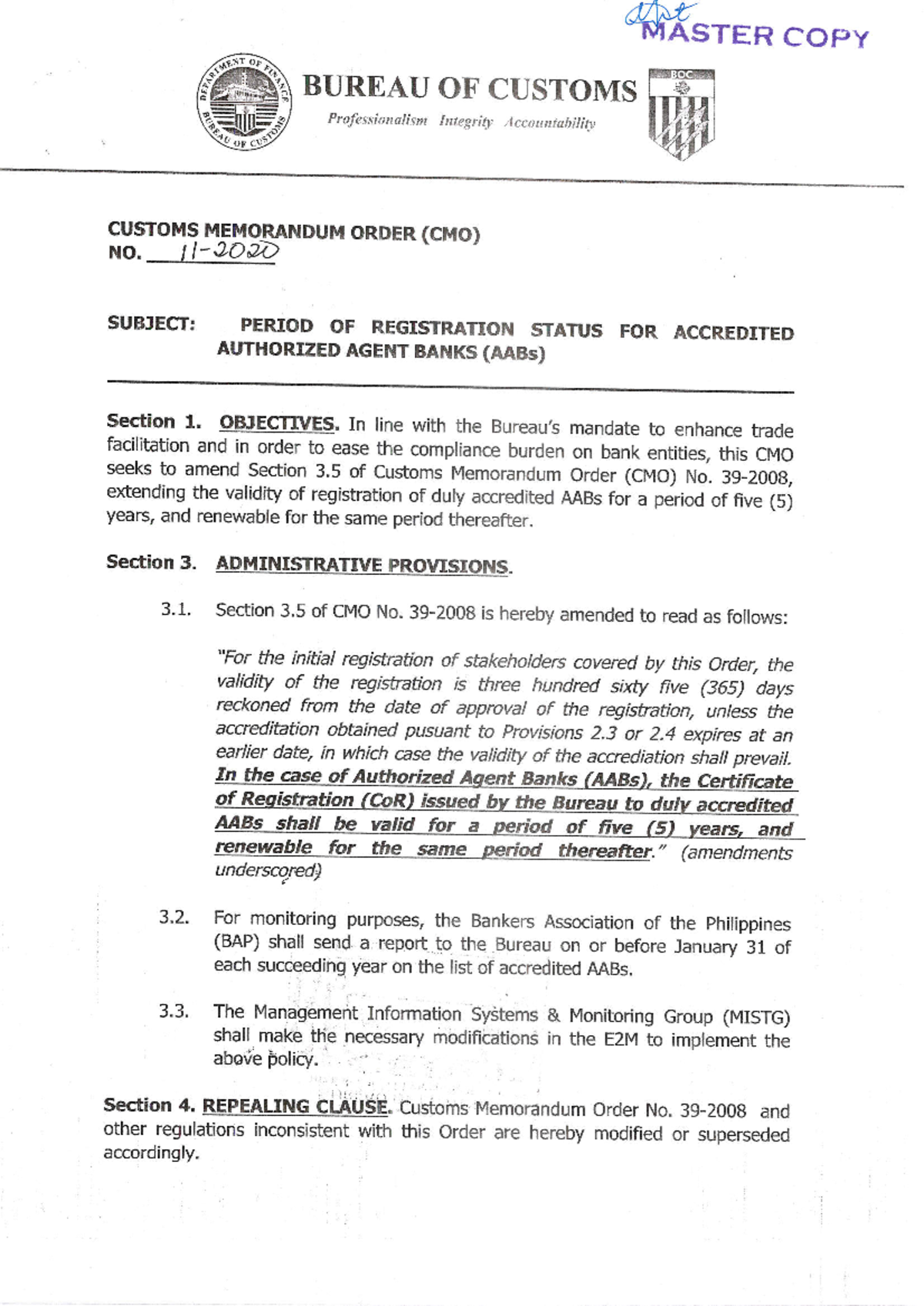 Cmo 11 2020 Period of Registration Status for AAB - BS Customs ...