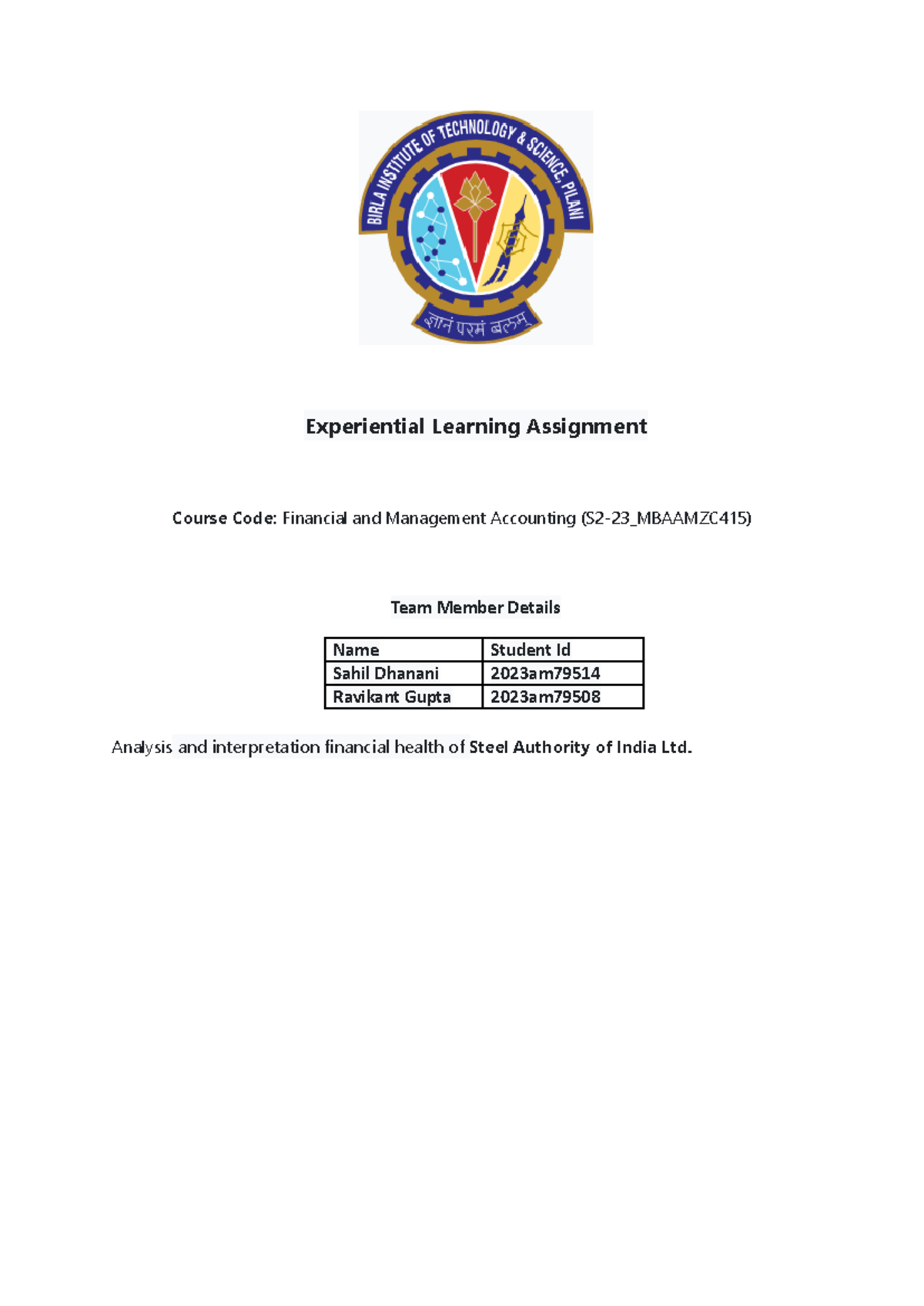 FMA EL Assignment 2023am79514 - Experiential Learning Assignment Course ...