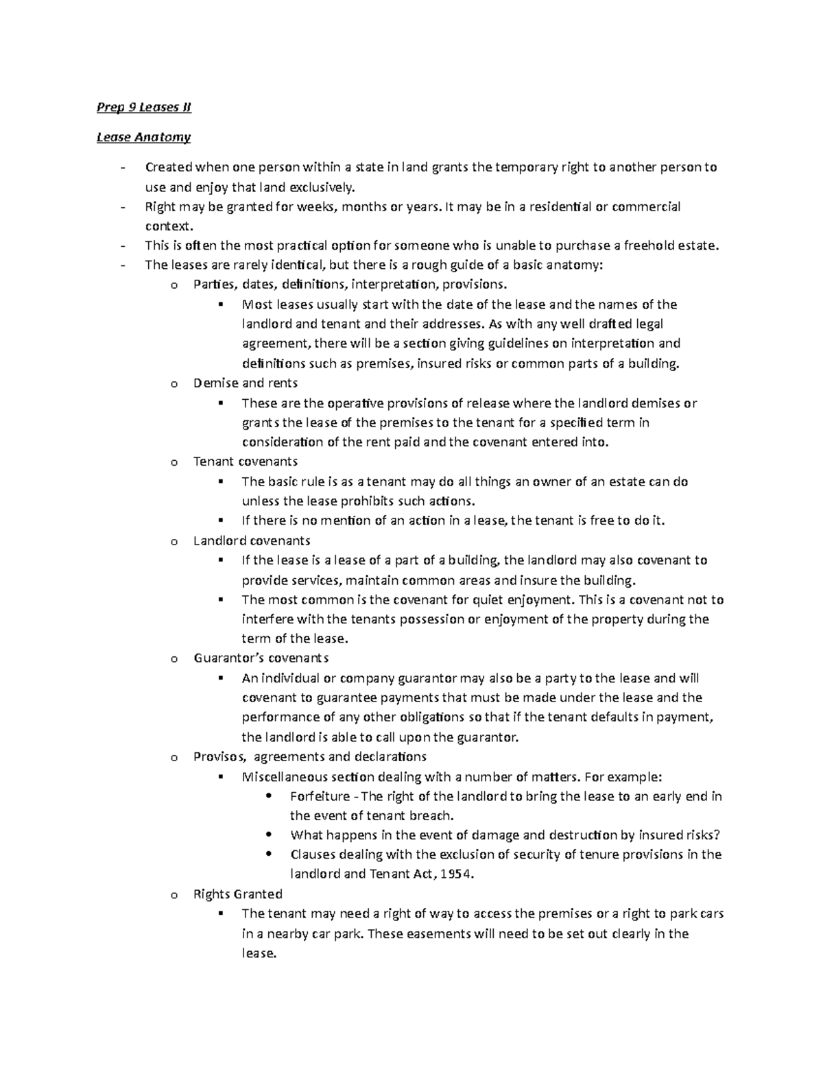 Prep 9 Leases II - All notes required for a Distinction - Prep 9 Leases ...