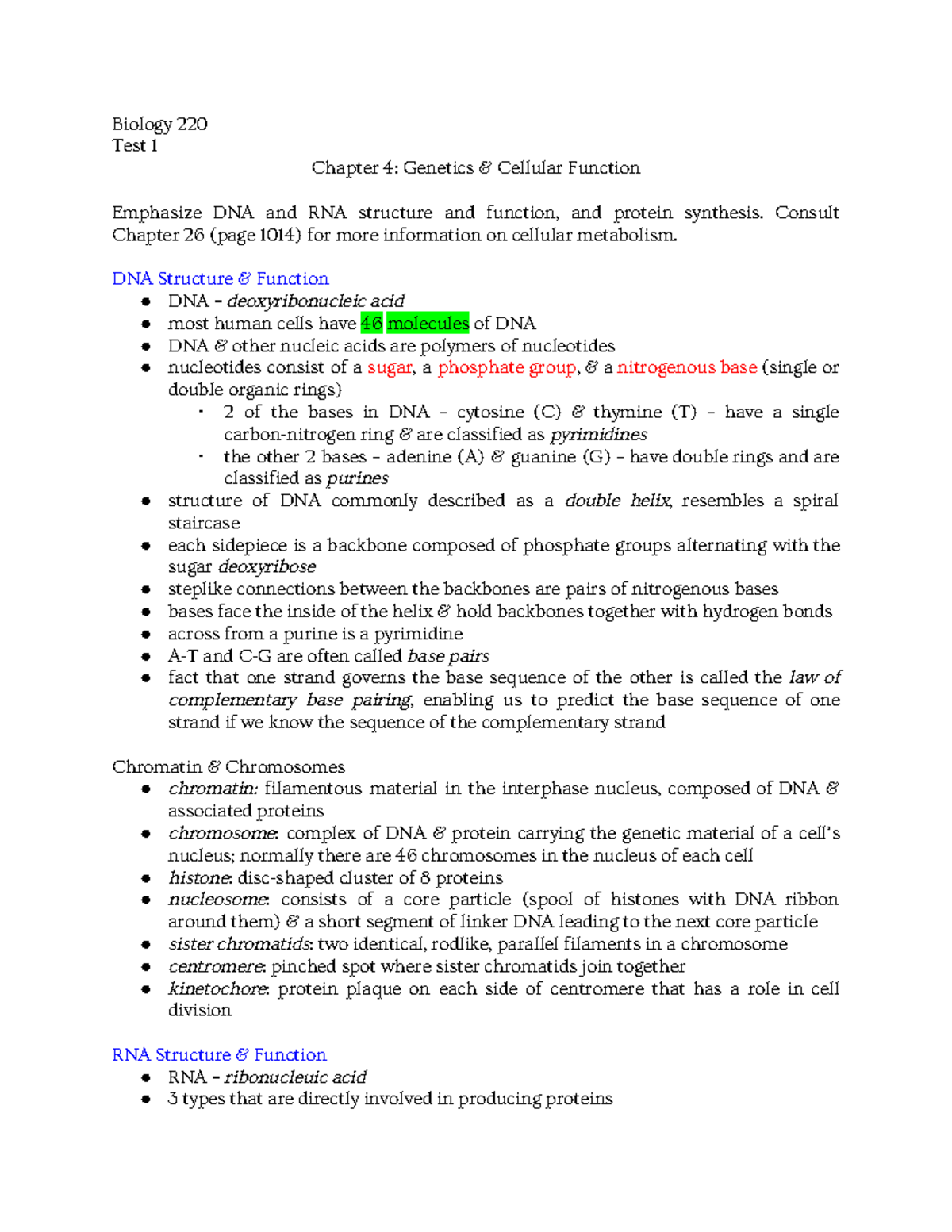 Chapter 4 notes - Biology 220 Test 1 Chapter 4: Genetics Cellular ...