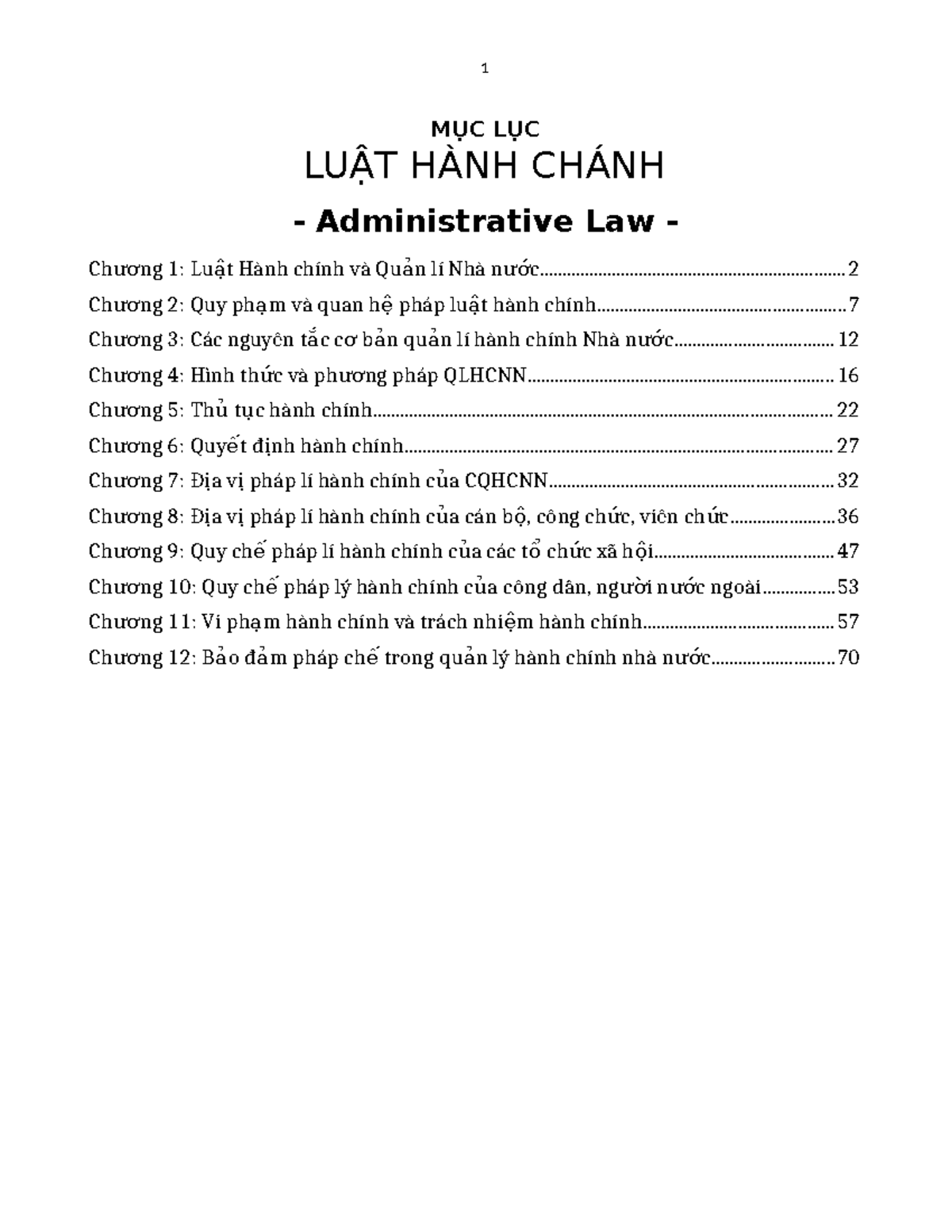 Outline Hanh chinh - MỤC LỤC LUẬT HÀNH CHÁNH Ch ương 1: Lu t Hành chính và Qu n lí Nhà n ậ ả ước ...