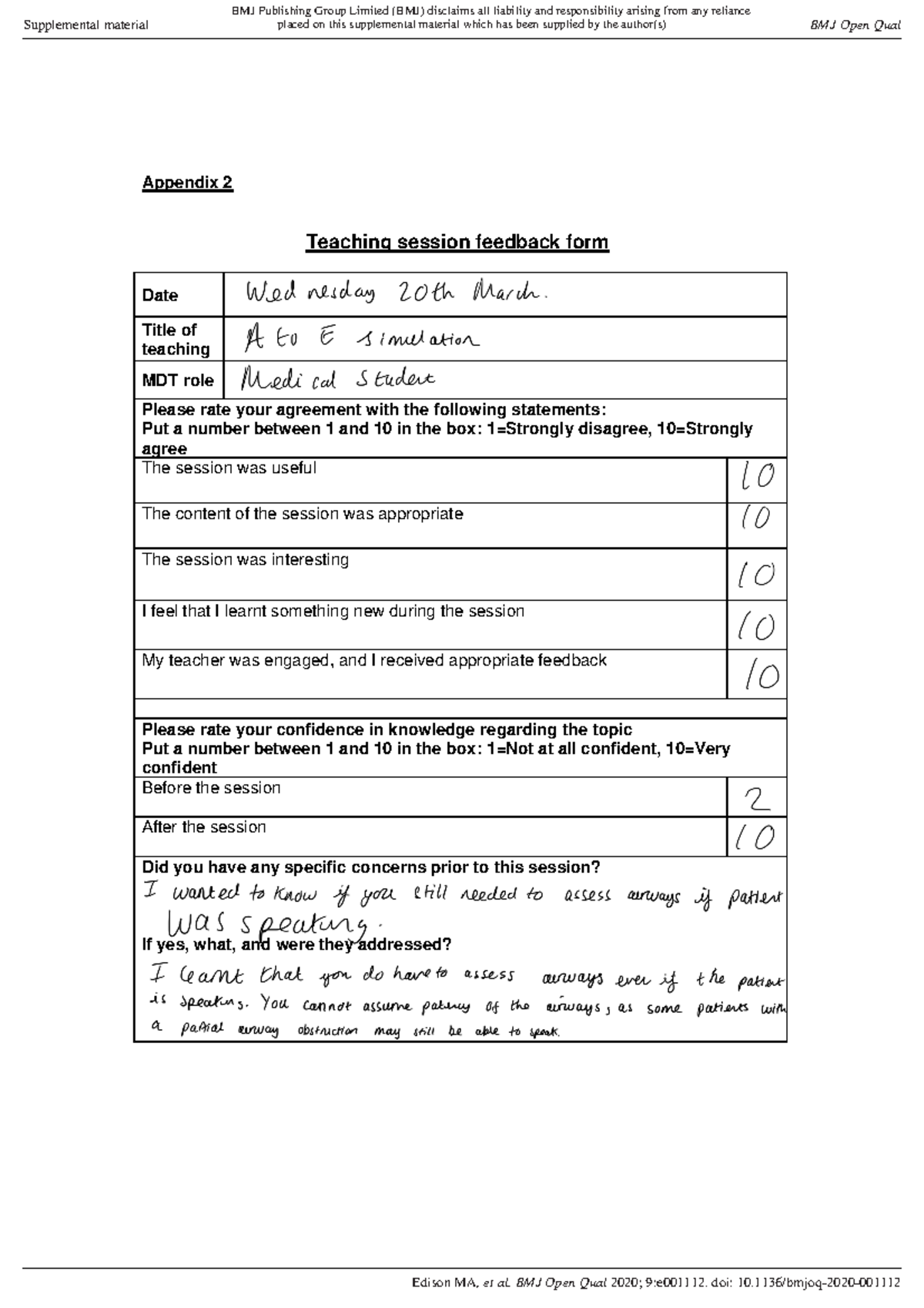 Ato E teaching feedback - Appendix 2 Teaching session feedback form ...