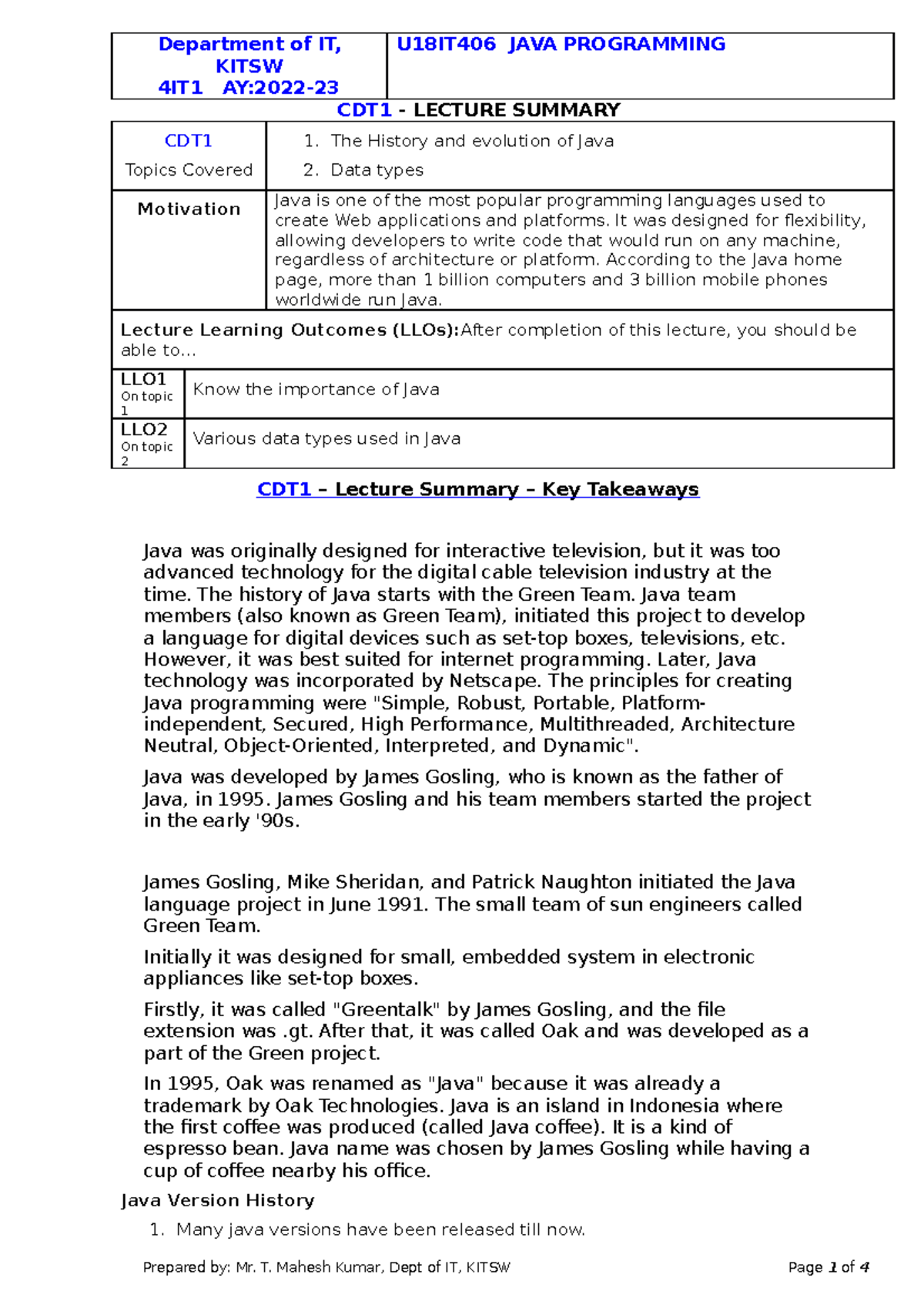 Java Cdt1 Summary 4it1 Tmks Kitsw 4it1 Ay2022 Cdt1 Lecture Summary Cdt Topics Covered 1