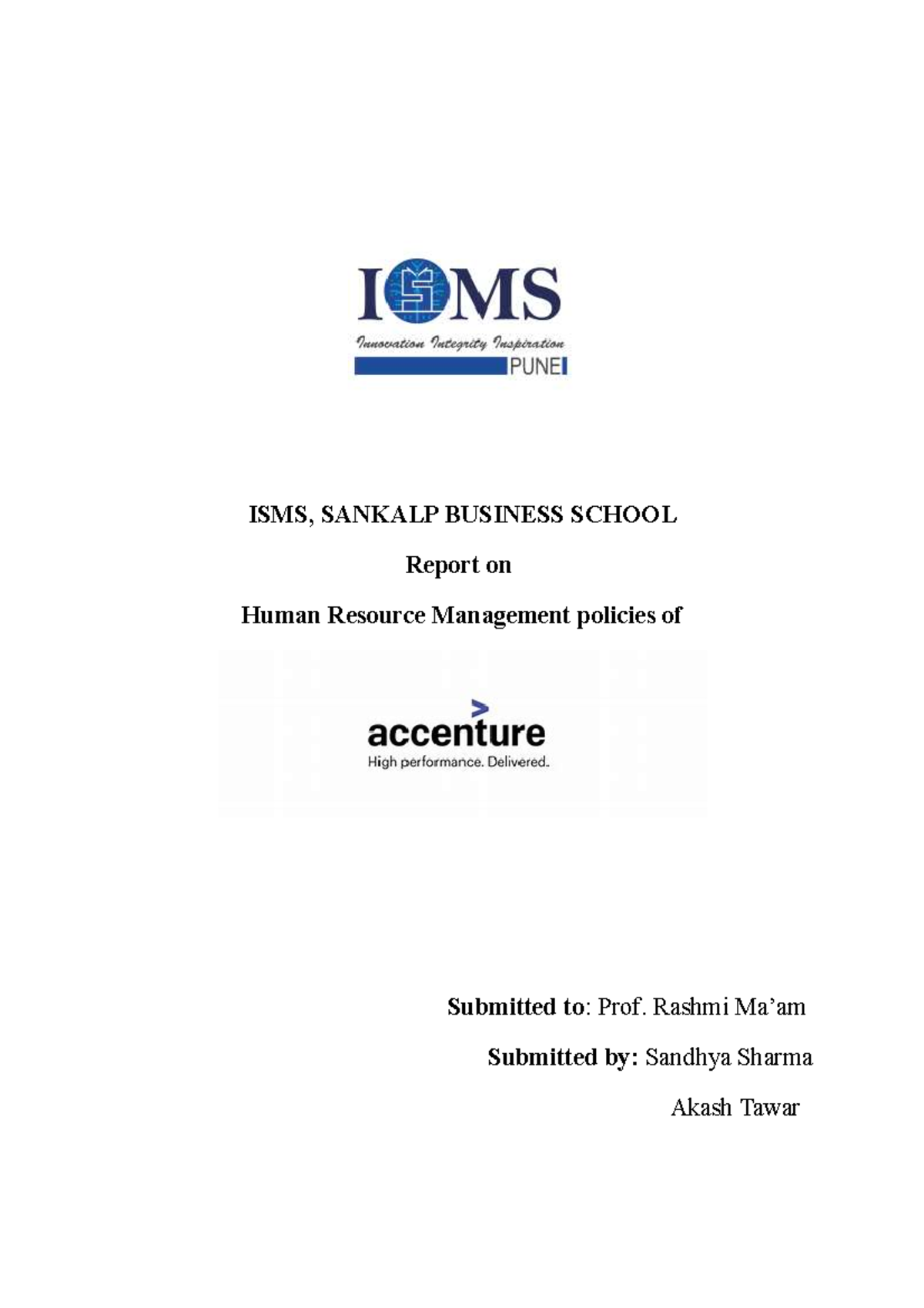 HRM Accenture - assignments of different subjects and CV - ISMS, SANKALP BUSINESS SCHOOL Report ...