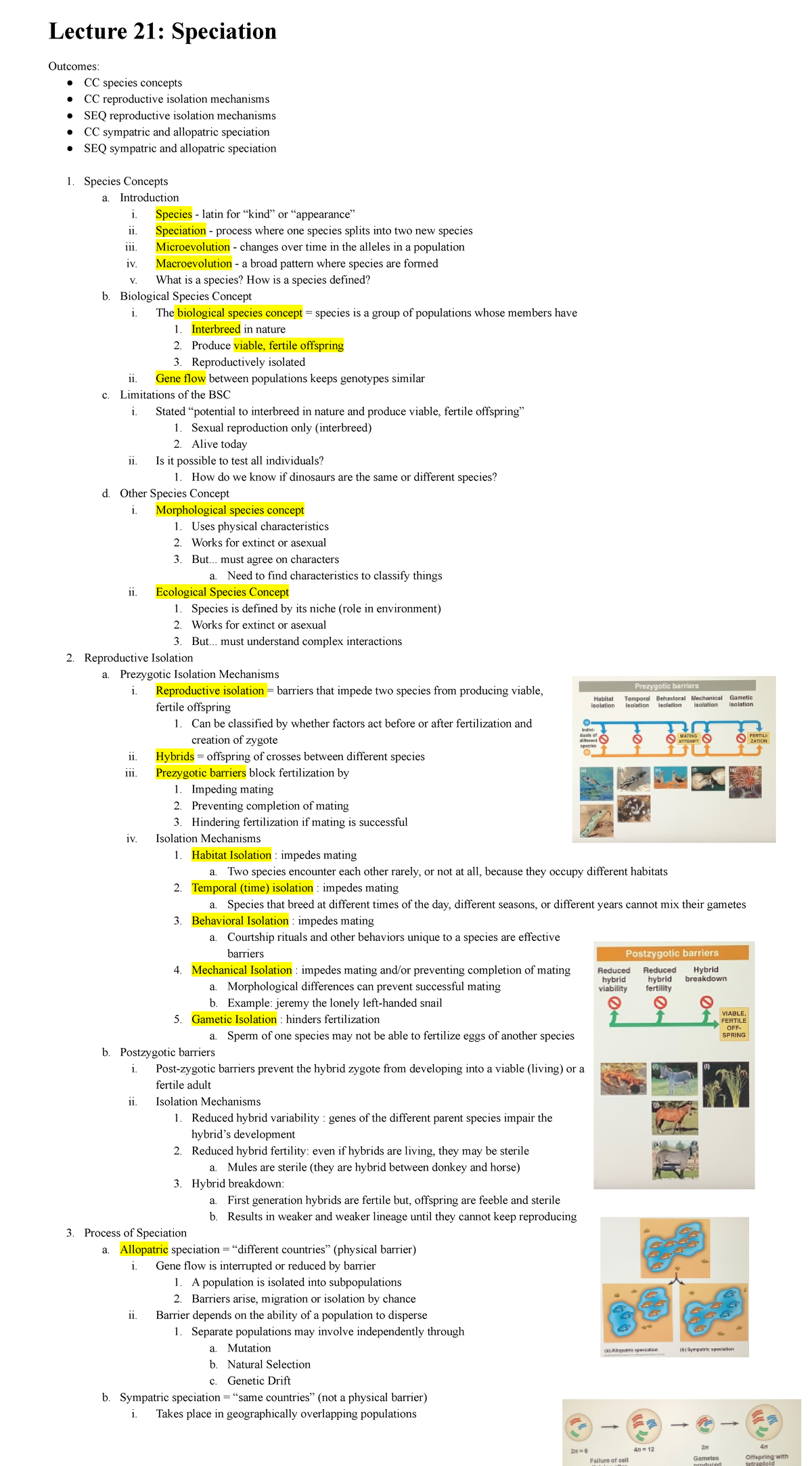 Lecture 21-Speciation - Lecture 21: Speciation Outcomes: CC species ...