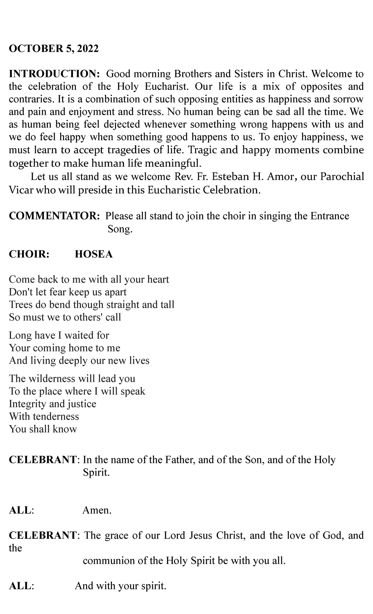 Liturgy ON HOLY MASS 1 - OCTOBER 5, 2022 INTRODUCTION: Good morning ...