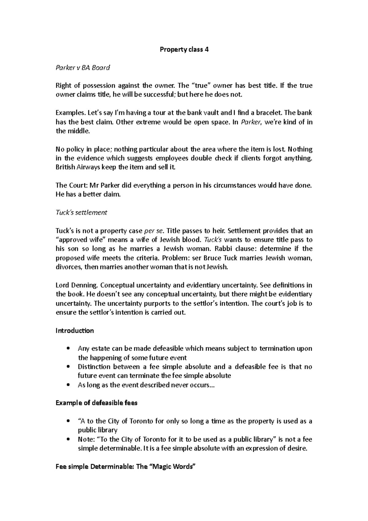 Business law class notes - Property class 4 Parker v BA Board Right of ...