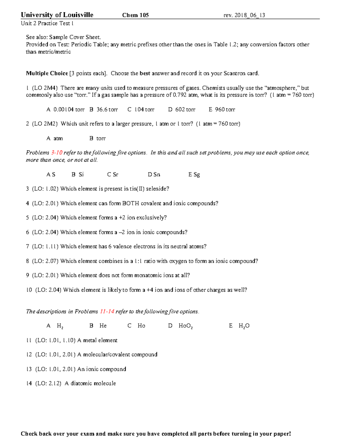 CHEM105 Unit 2 Practice Test 1 - Unit 2 Practice Test 1 See also ...