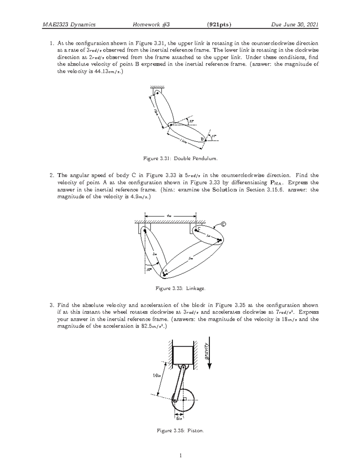 Position and Orientation and Velocity Homework 3 - MAE2323 Dynamics ...