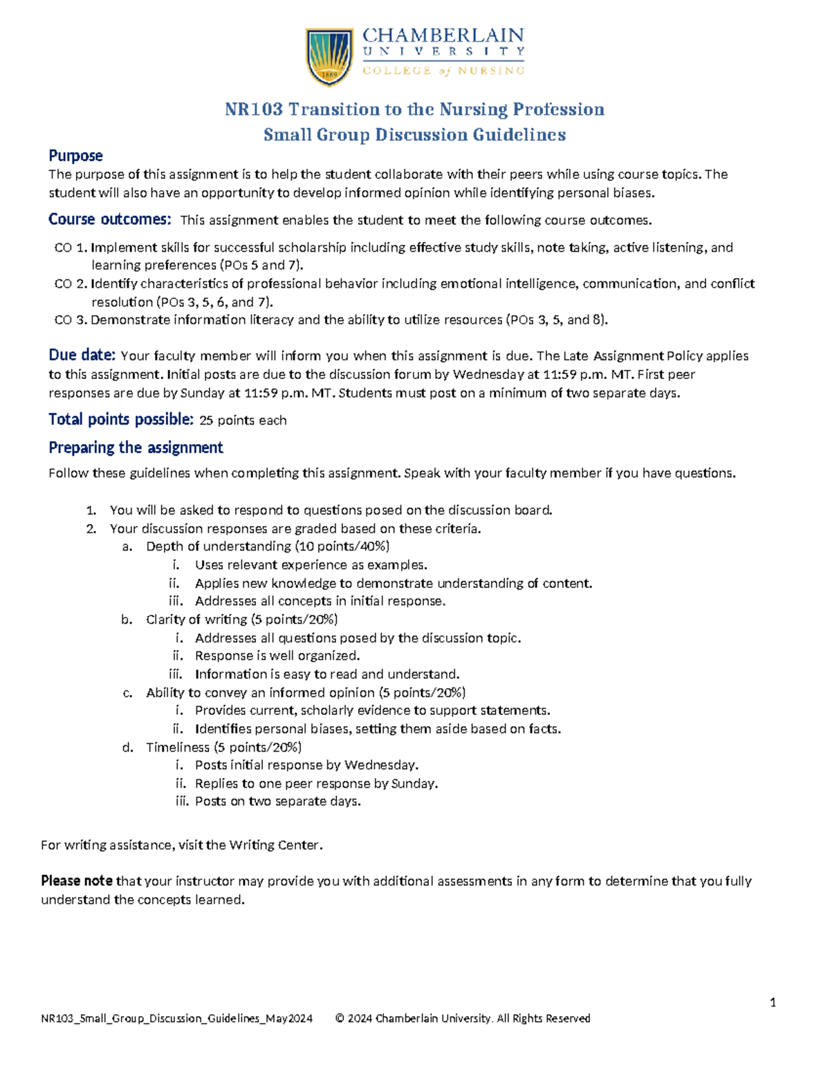 NR103 Small Group Discussion Guidelines May24 - NR103 Transition to the Nursing Profession Small ...