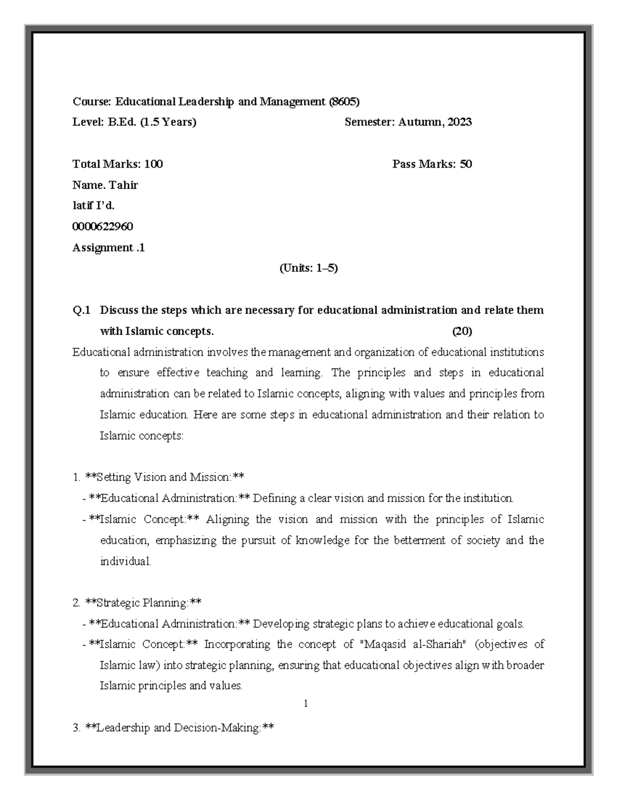 8605 Assignment 1 Ttt 1 Course Educational Leadership And