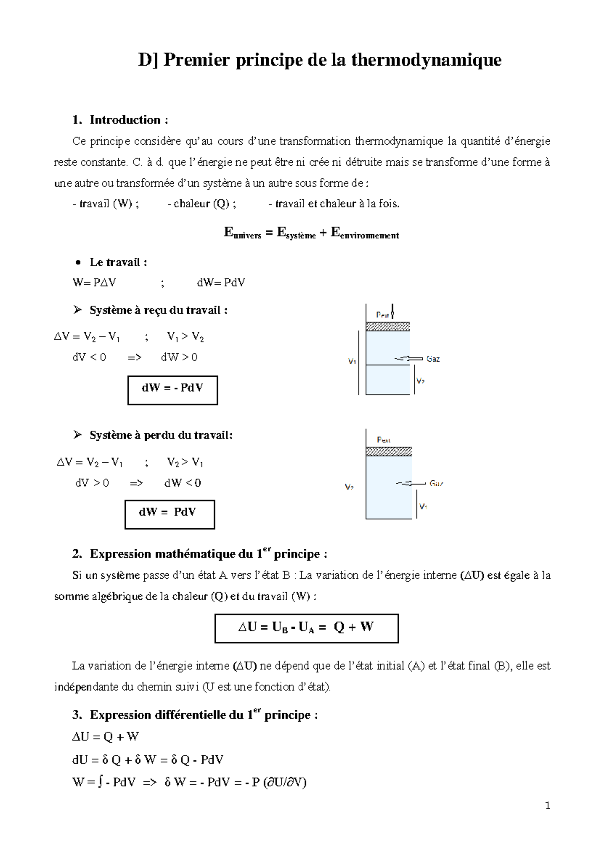 Chimie Thermo 1er-principe L1 Tcsnv - 1 ∆U = UB - UA = Q + W WSXDCX ...