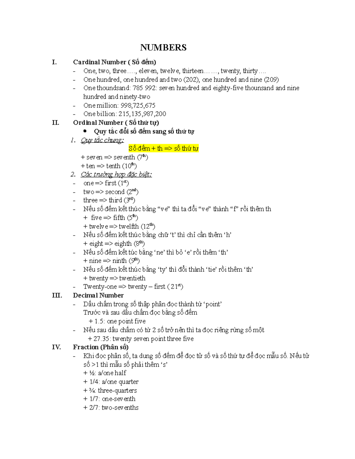 Numbers - Số number - NUMBERS I. Cardinal Number ( Số đếm) - One, two ...