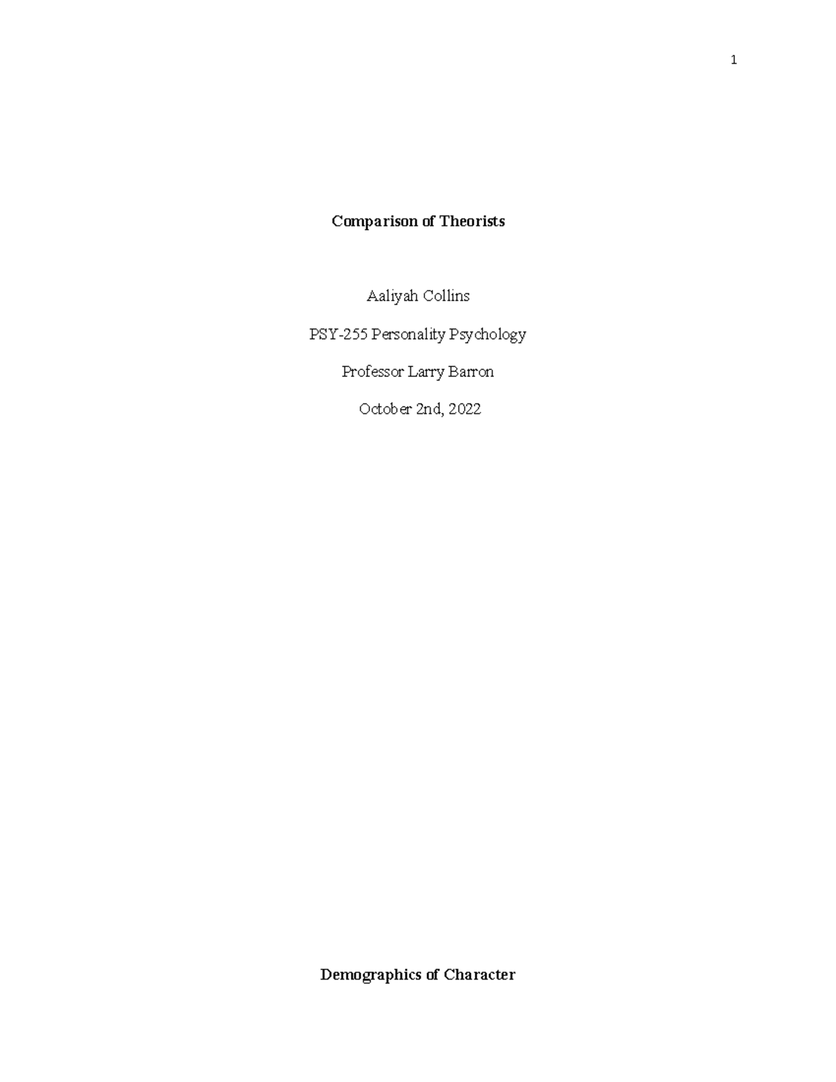 Comparison of Theorists - Comparison of Theorists Aaliyah Collins PSY ...