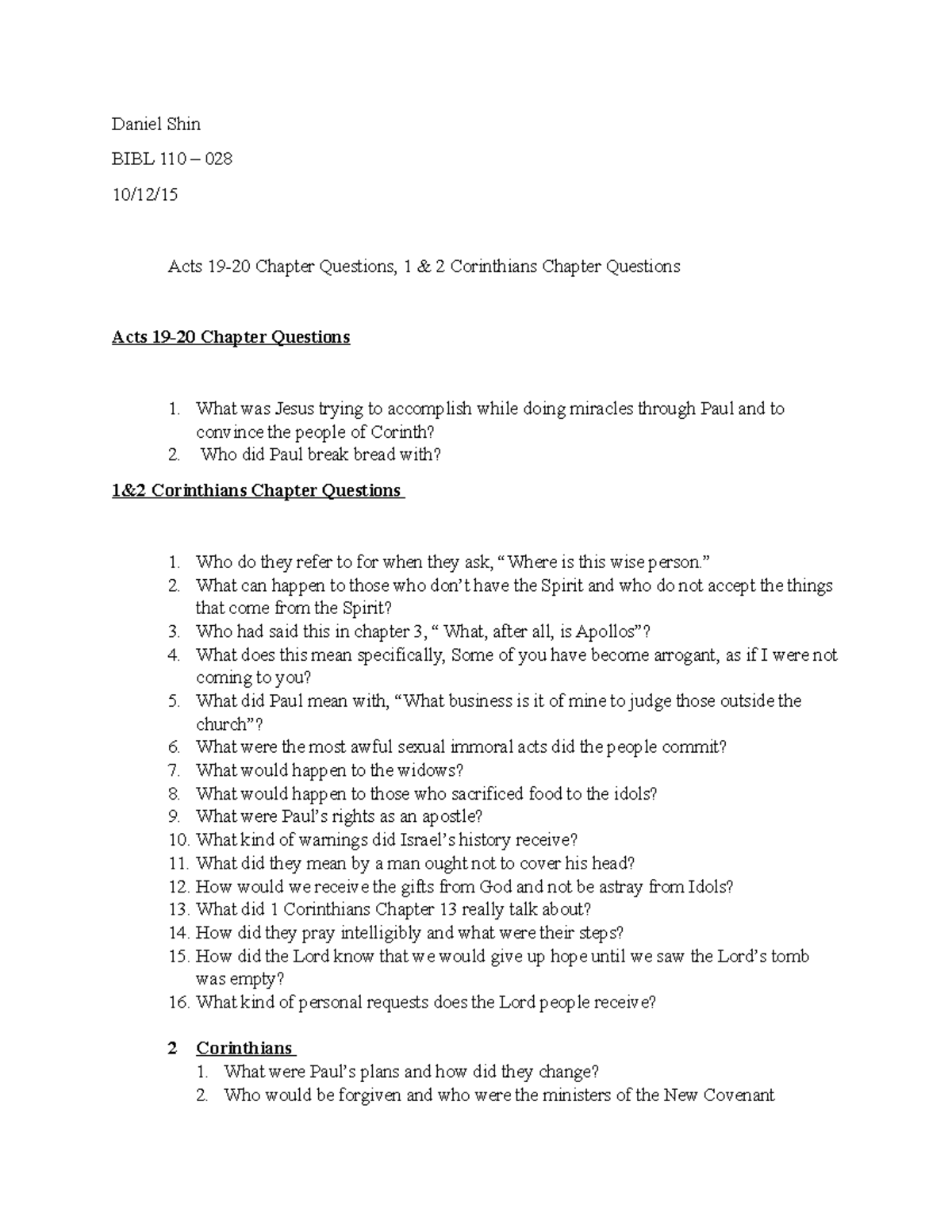 Acts 19-20 Questions, 1&2 Corinthians Chapter Questions (Autosaved ...