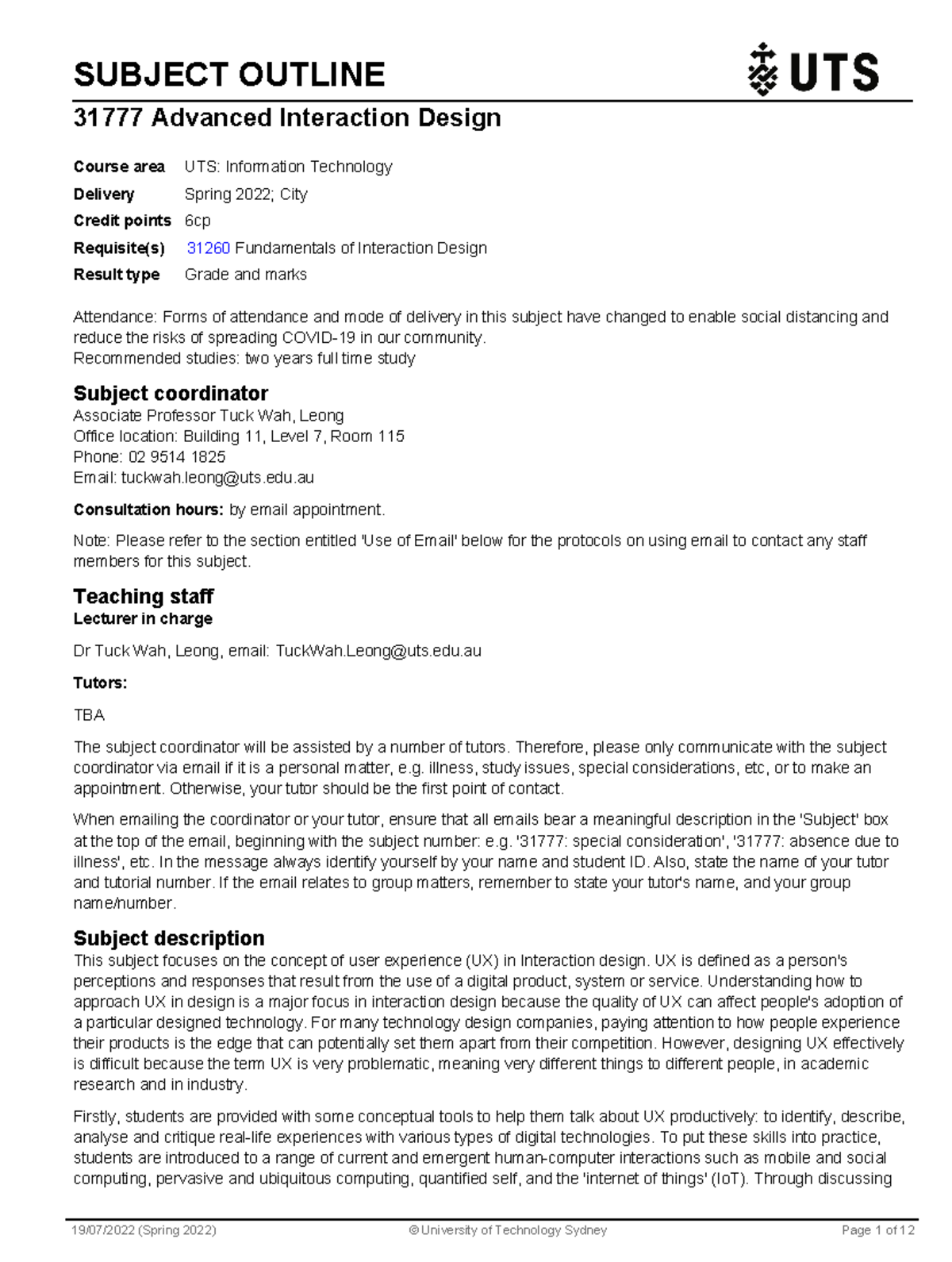 31777 Advanced Int Design - Subject Outline - SUBJECT OUTLINE 31777 ...